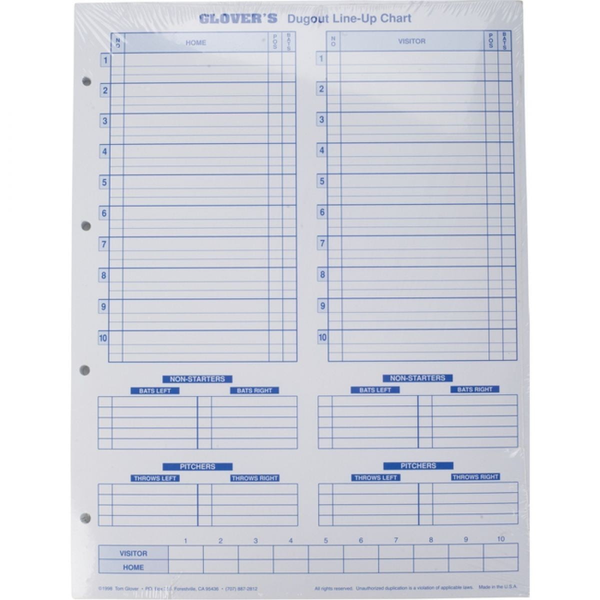 Glover's Scorebook Dugout Line-Up Charts 11 x 14.5 Full Roster 2 Teams ...