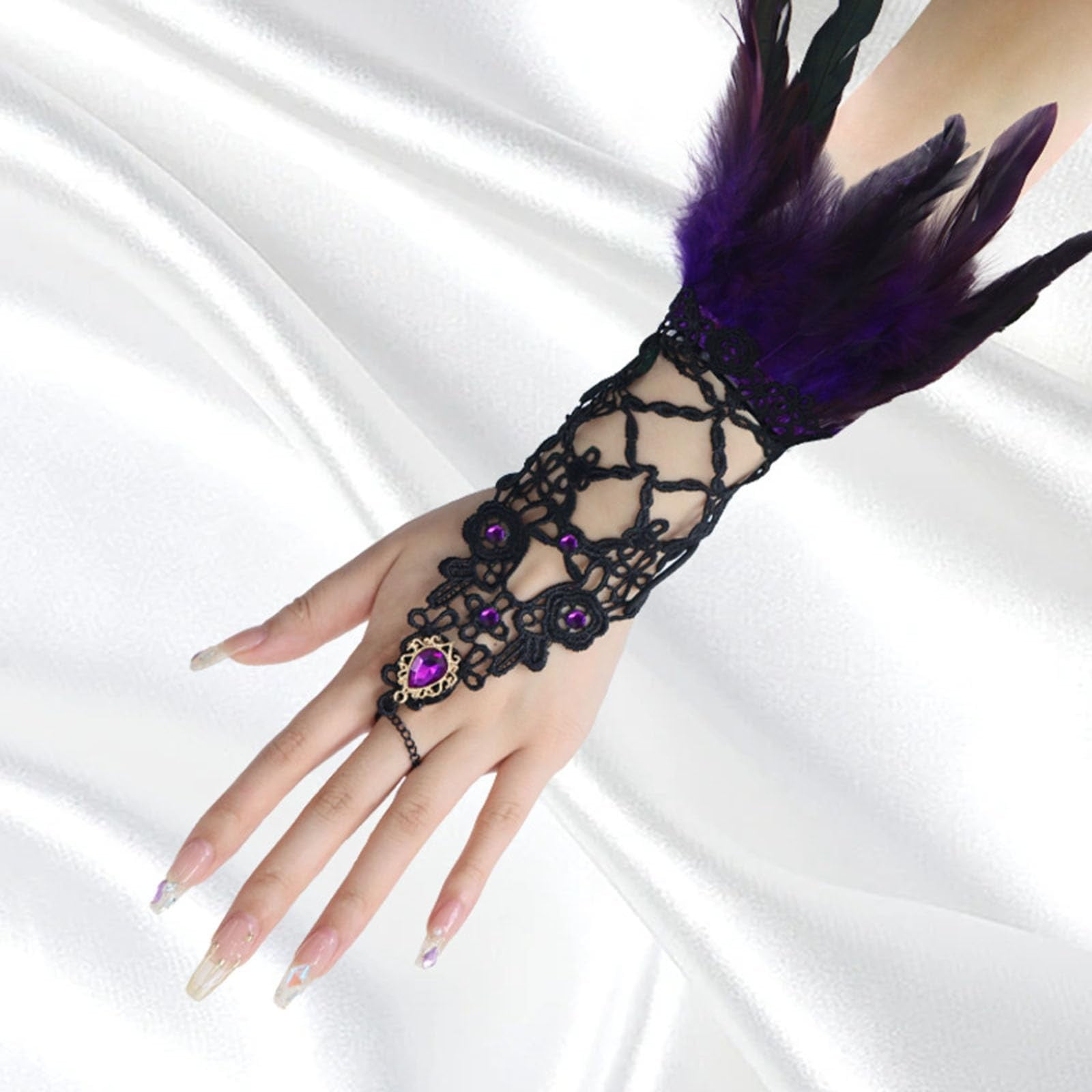 Gloves, Gothic Witch Gloves, Lace Feather Hook Finger Mittens, Mystical ...