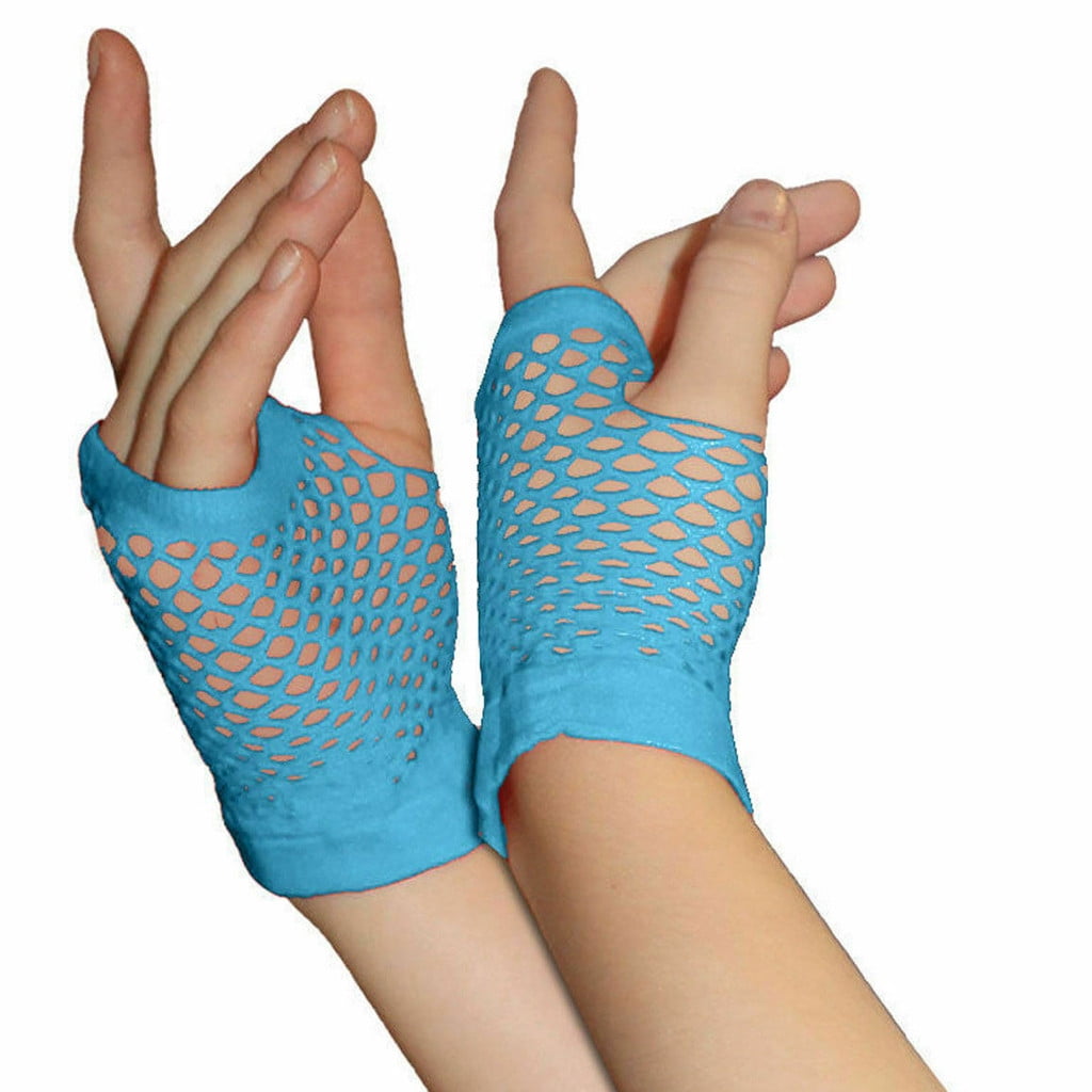 Gloves for Kids Blue Ladies Girls Short Mesh 80s STYLE Fishnet Hen ...