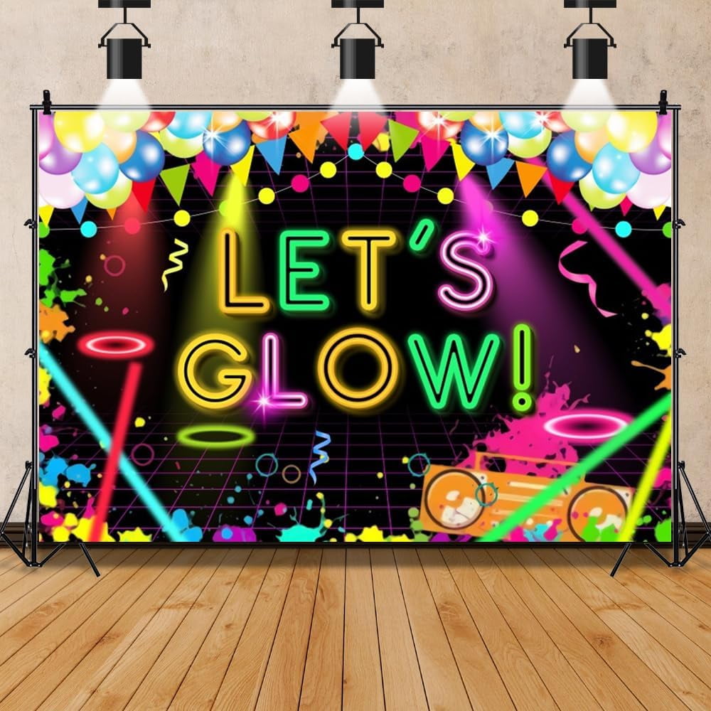 Let's Glow Backdrop Neon Glow in The Dark Splash Graffiti Party Banner ...