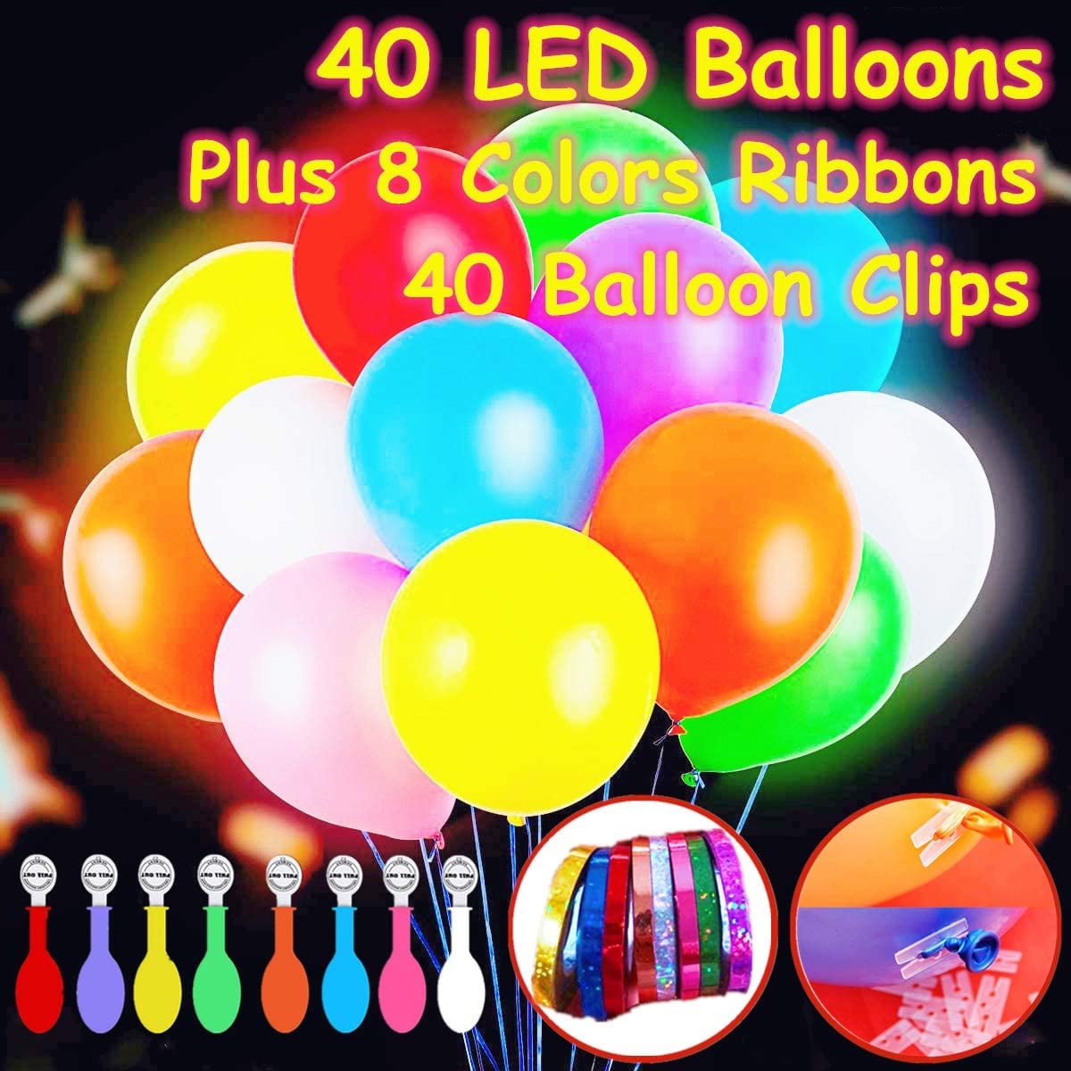Glow Balloons LED Light Up Flashing, Colored Set, 40 Pack Mixed Colors ...