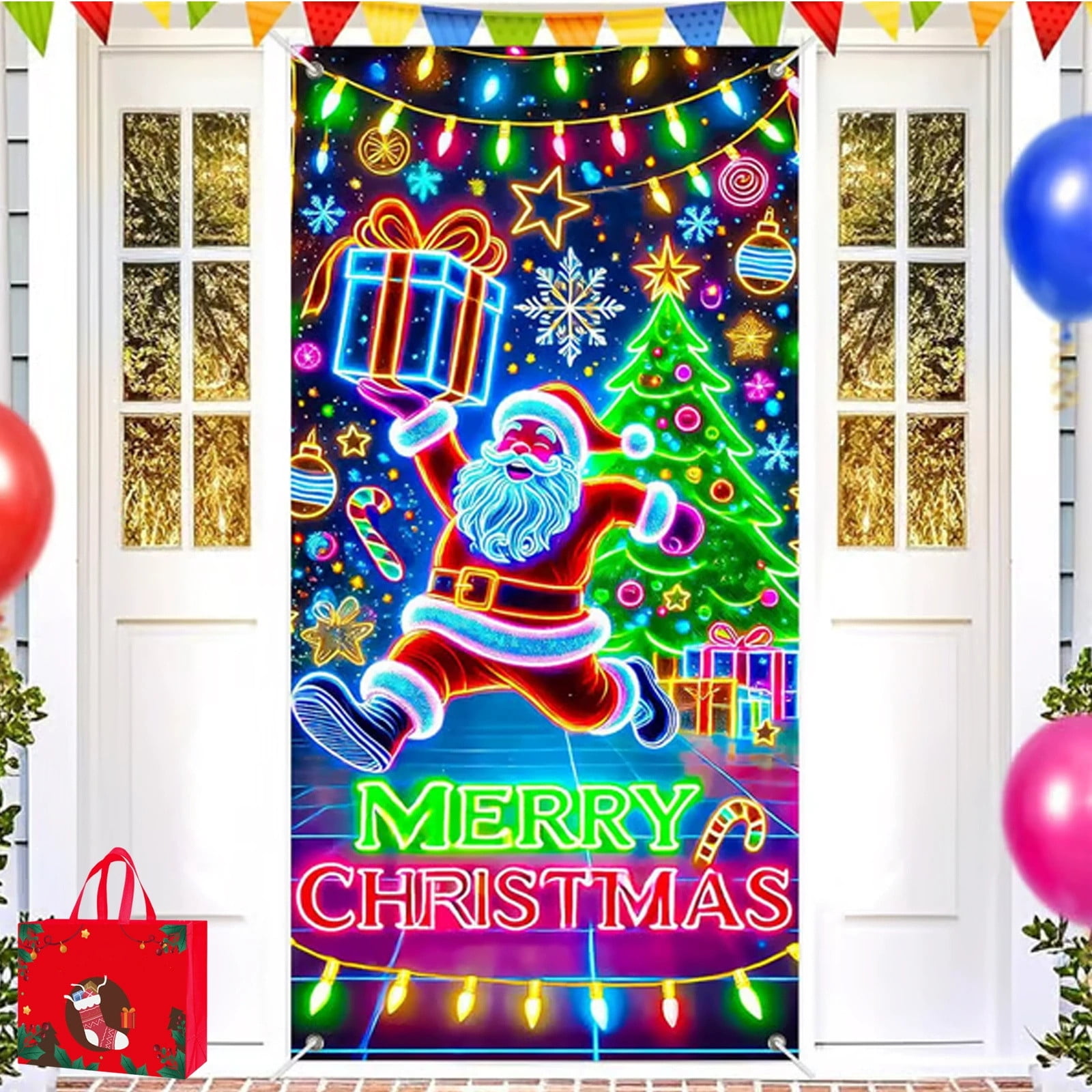 Glow in the Dark Christmas Door Cover 71x35 Inches UV Fluorescent Santa ...