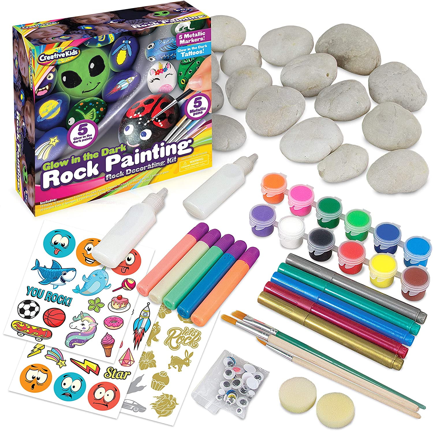 DIY Glow-In-The-Dark Rock Painting Kit for Kids - 20 Rocks, Acrylic ...