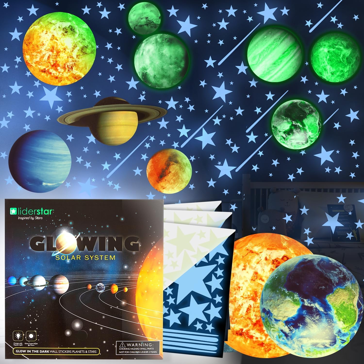 Glow in The Dark Stars and Planets, Bright Solar System Wall Stickers ...