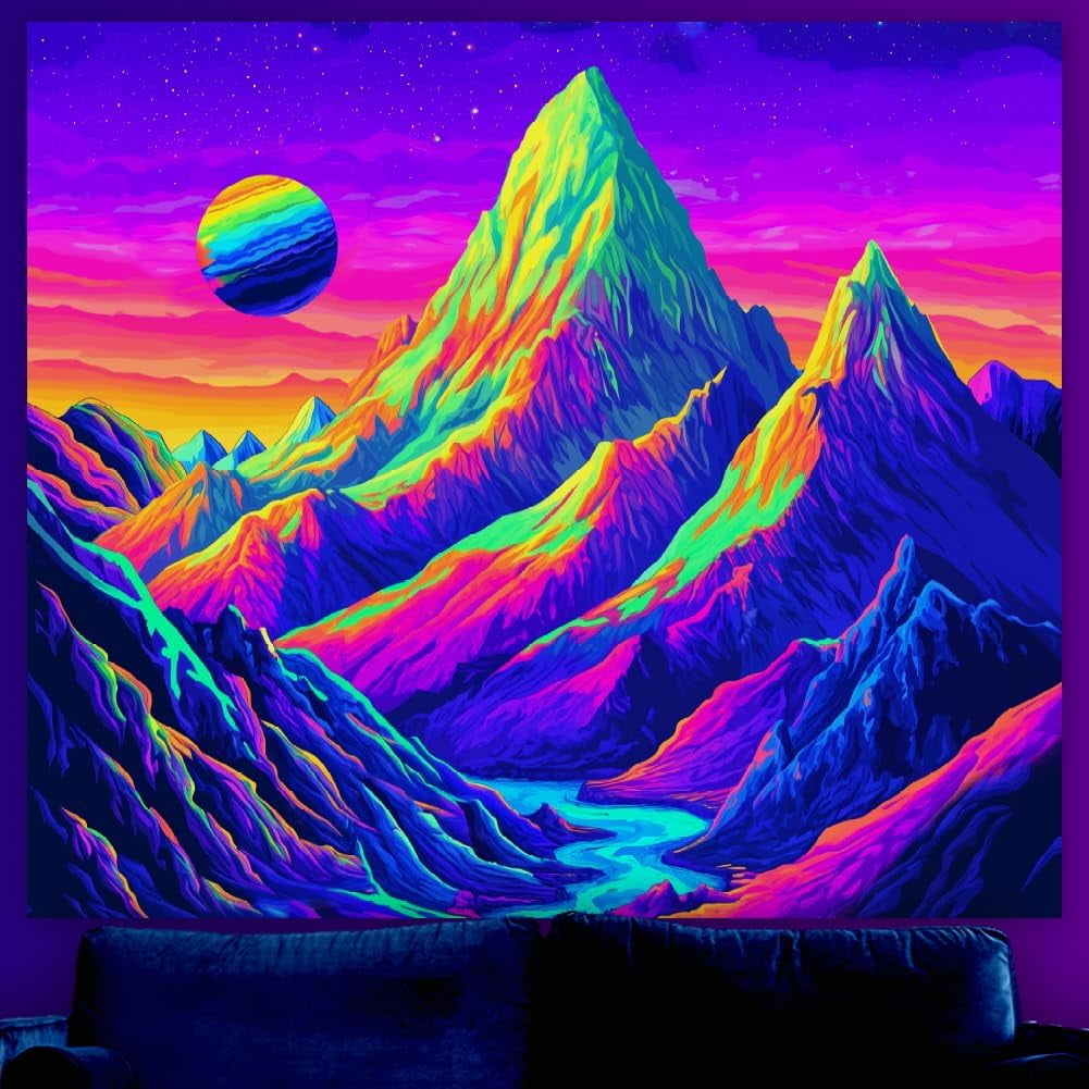 Glow in The Dark Sunset Mountain Tapestry Colorful Lake UV Reactive ...
