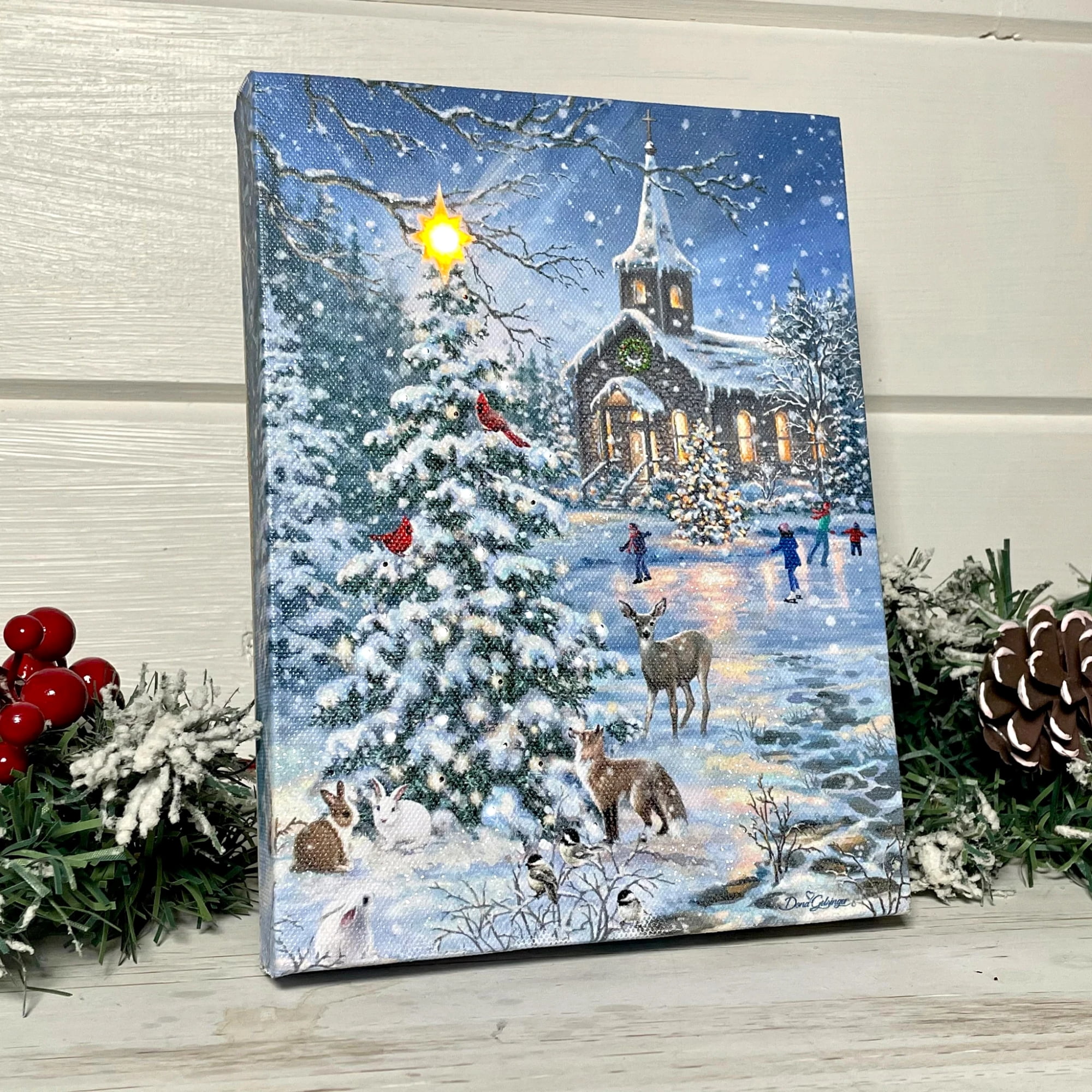Crafted Creations LED Lighted Pine Tree with Animals Christmas Canvas ...