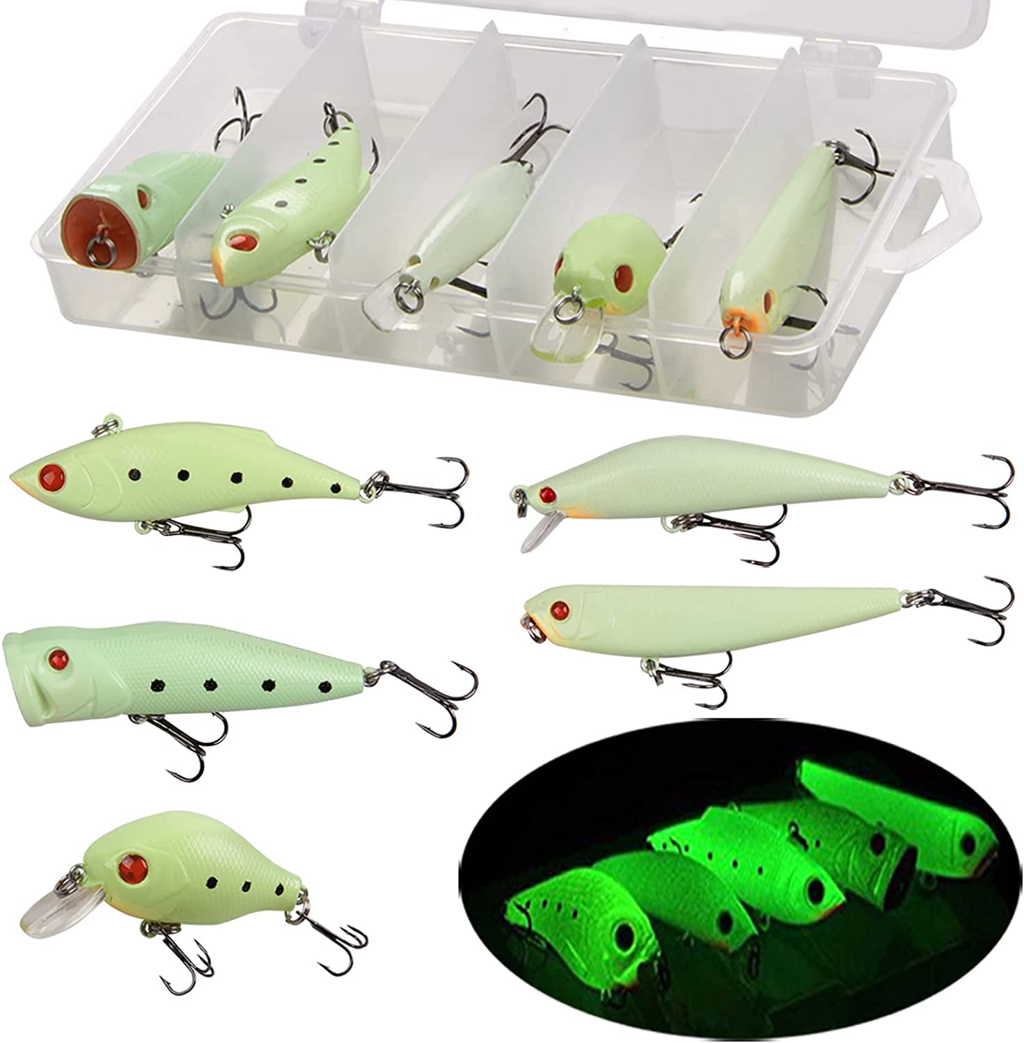 Glow Fishing Lures Bait Kit, 5pcs Luminous VIB Popper Crank Minnow ...