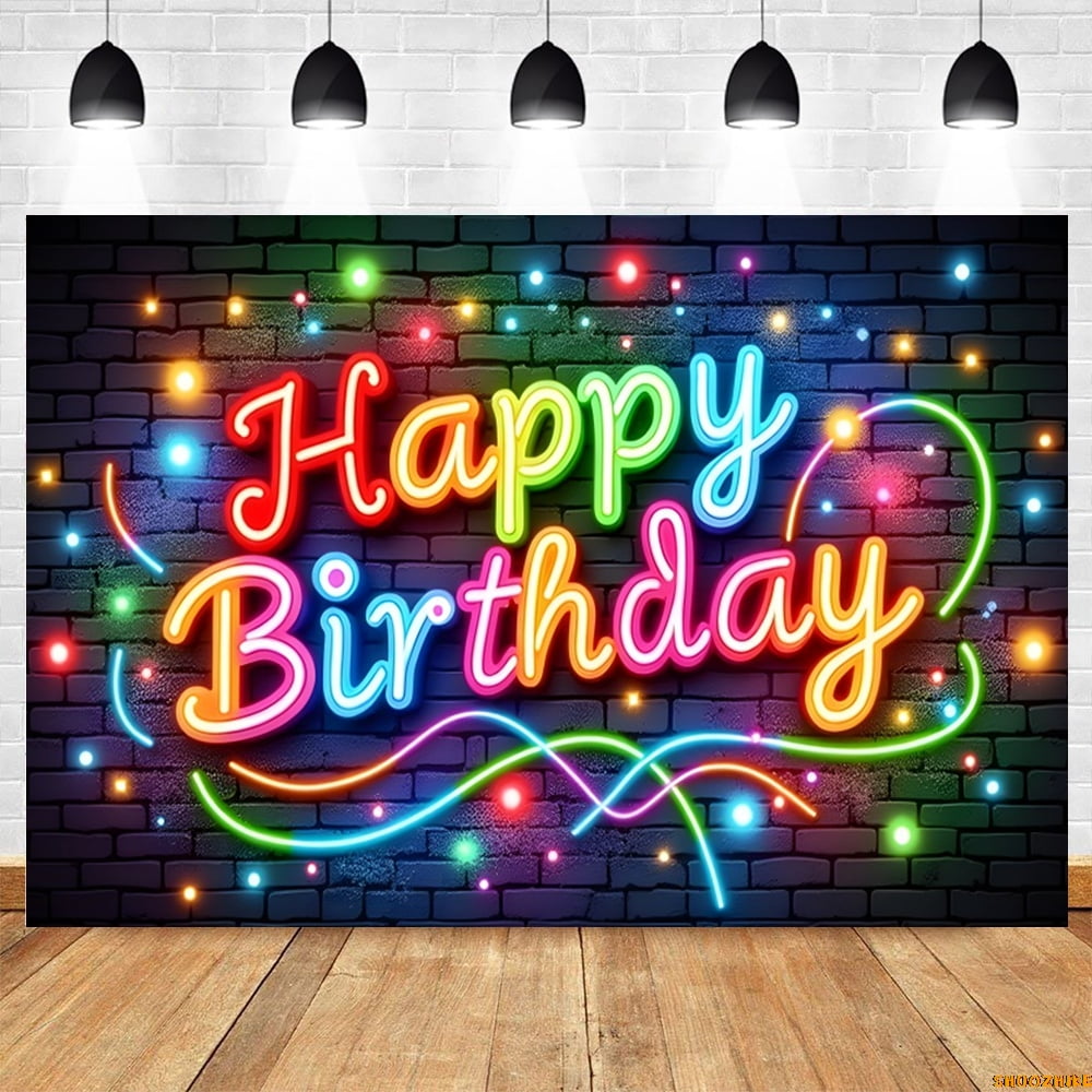 Glow Happy Birthday Background Neon Lights Brick Wall Baby Shower Kids ...