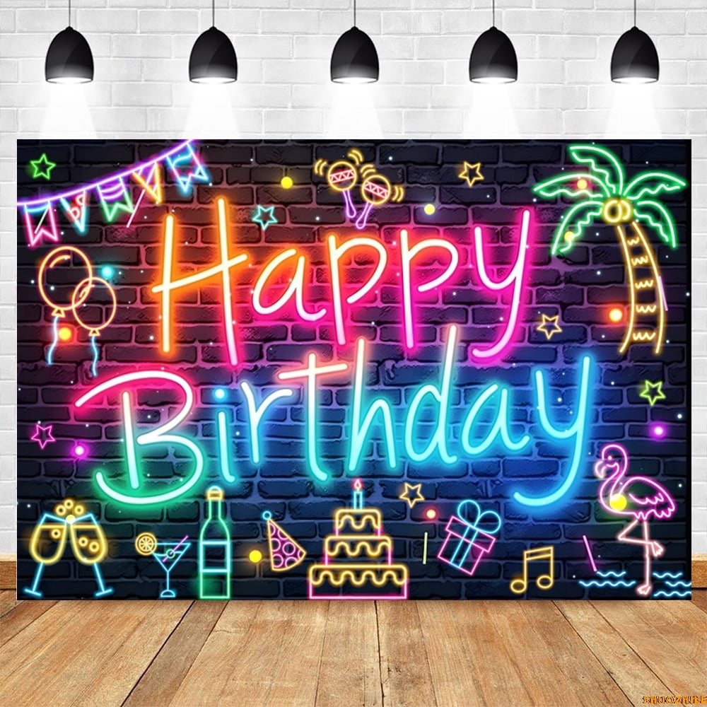 Glow Happy Birthday Background Neon Lights Brick Wall Baby Shower Kids ...