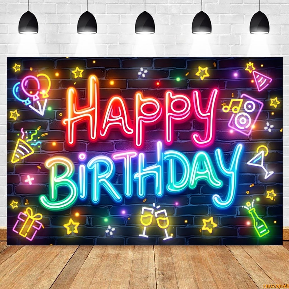 Glow Happy Birthday Background Neon Lights Brick Wall Baby Shower Kids ...