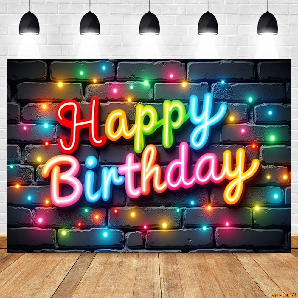 Glow Happy Birthday Background Neon Lights Brick Wall Baby Shower Kids ...