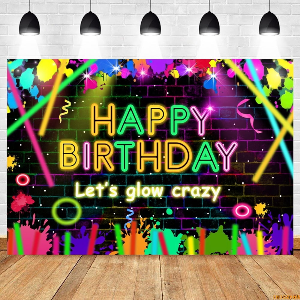 Glow Happy Birthday Background Neon Lights Brick Wall Baby Shower Kids ...