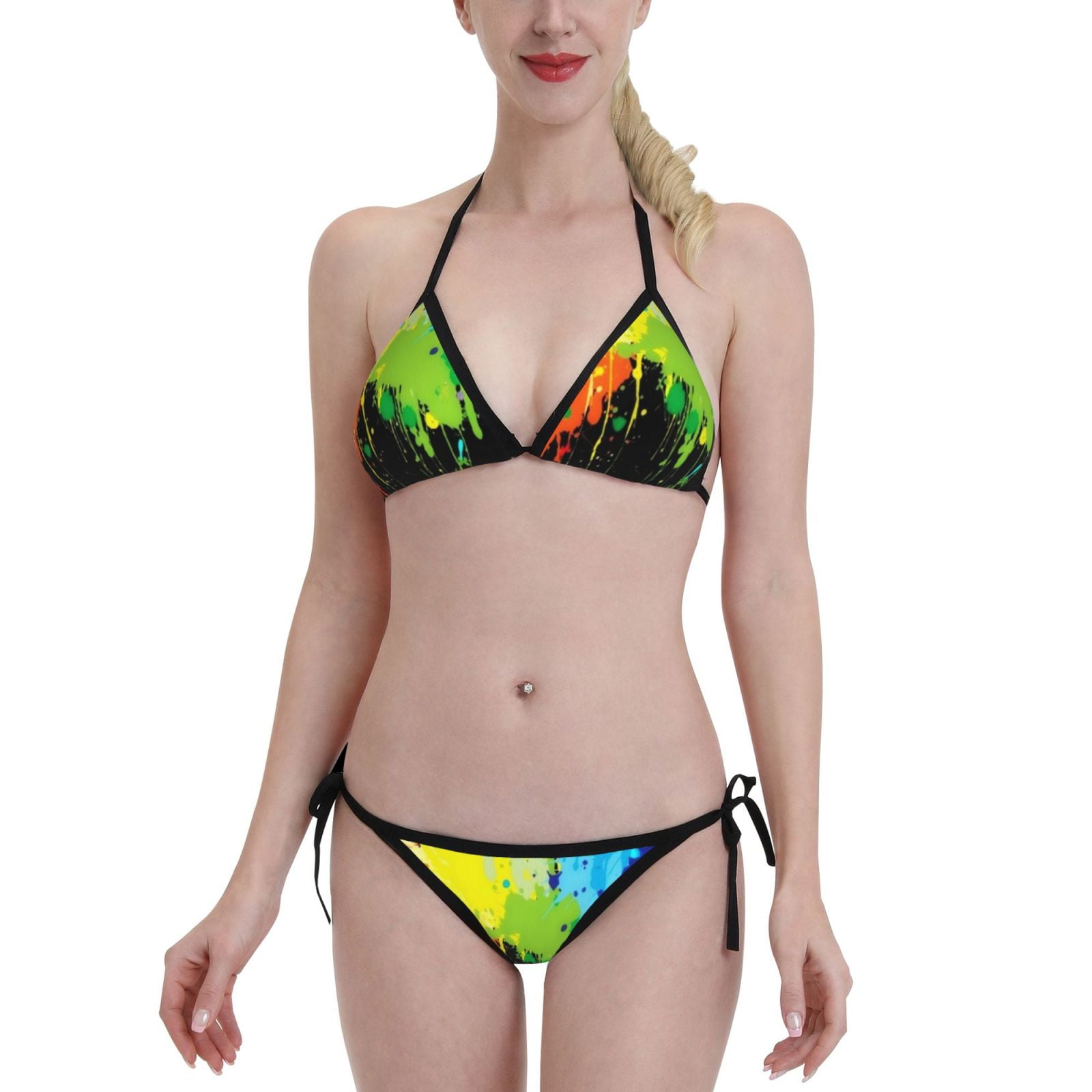 Glow In Dark Splatter Neon Women'S Beach Bikini Swimsuit Sexy Suspender Bikini Triangle Bikini ...