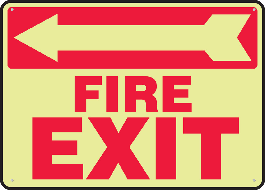 Glow In The Dark Safety Sign Fire Exit Left Arrow Metal 12X8 Inch Rust ...