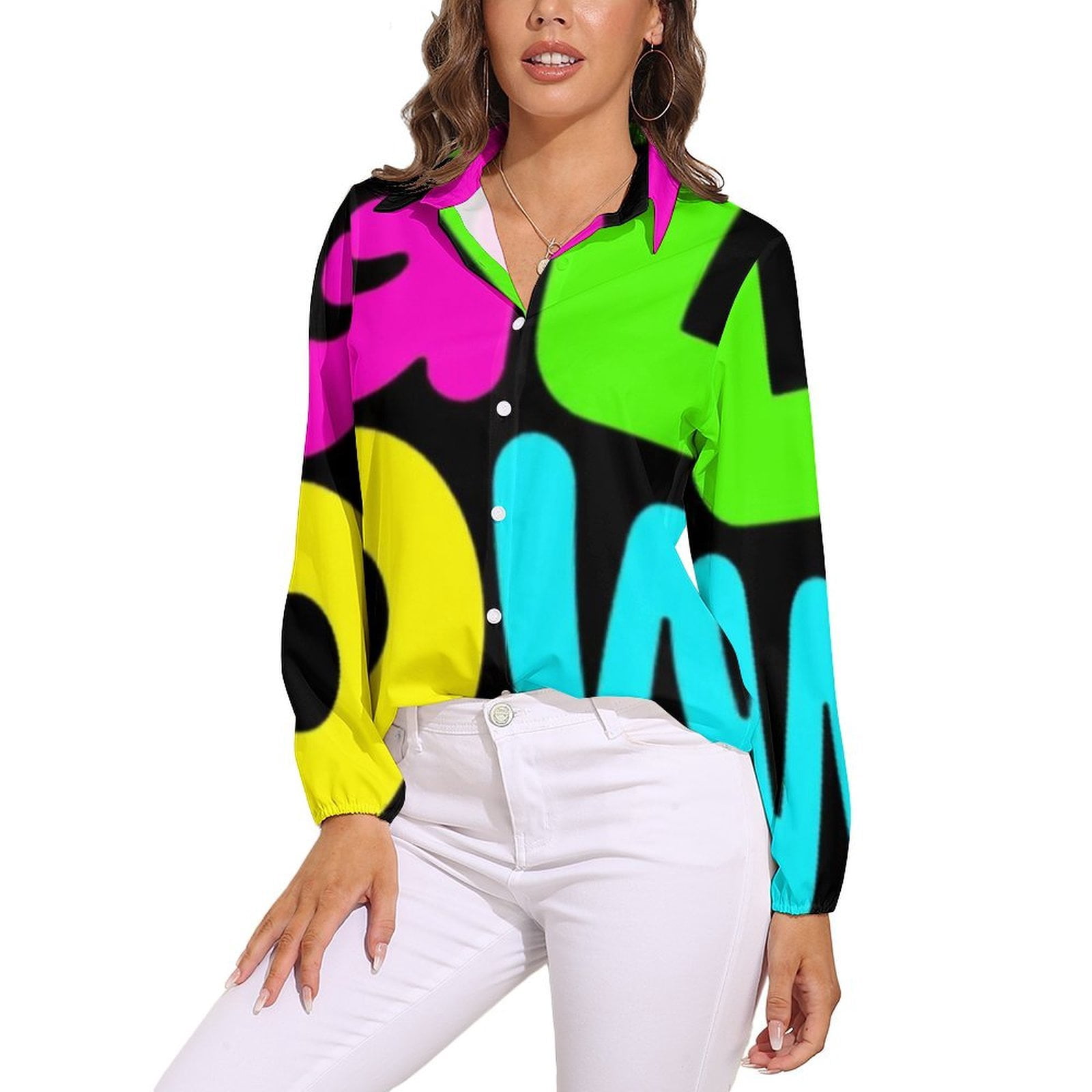 Glow Neon Letters Art Vntage Casual Long Sleeve Shirt Blouse Woman ...