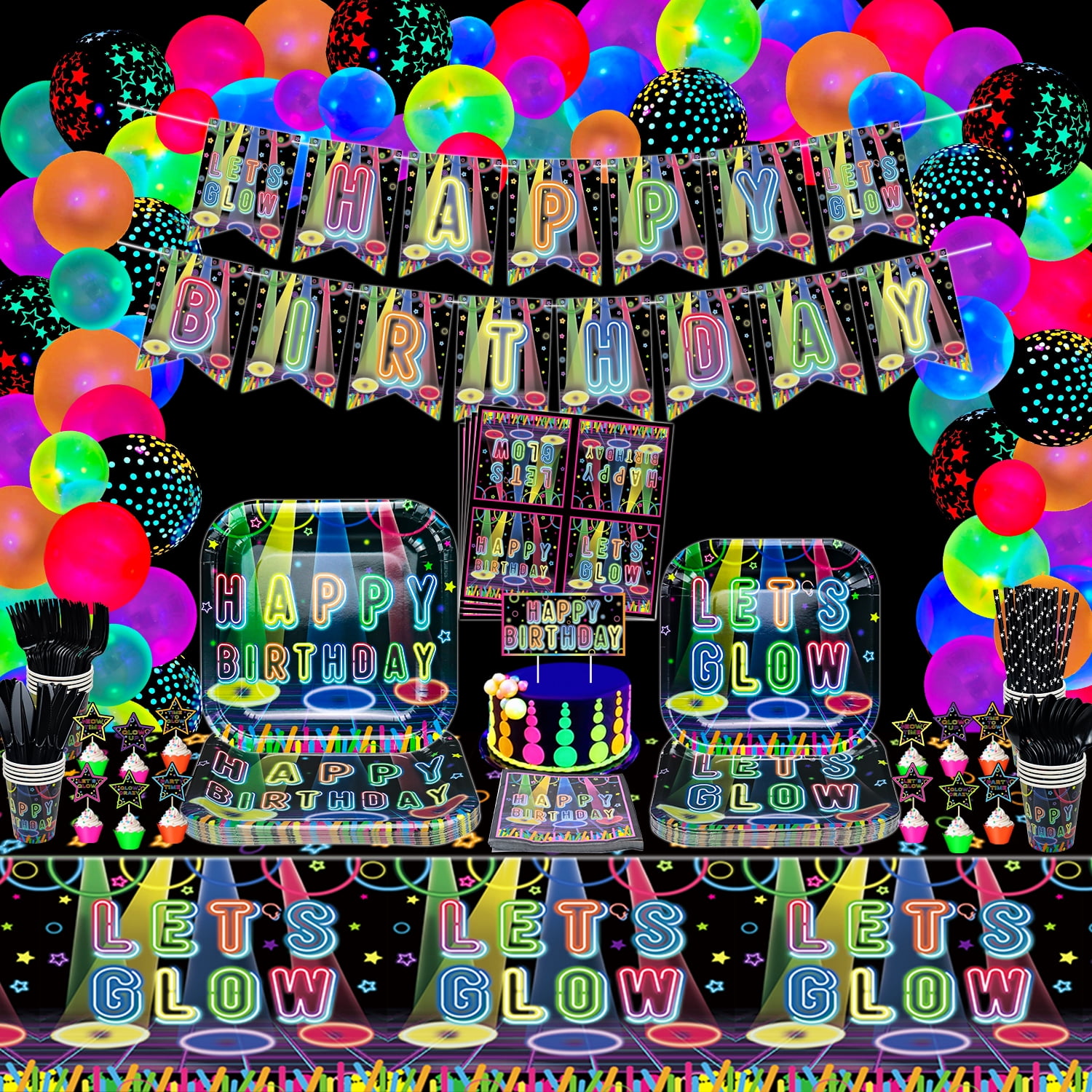Glow Neon Party Birthday Kit - Banner, Balloons, Tableware, Cake Topper ...