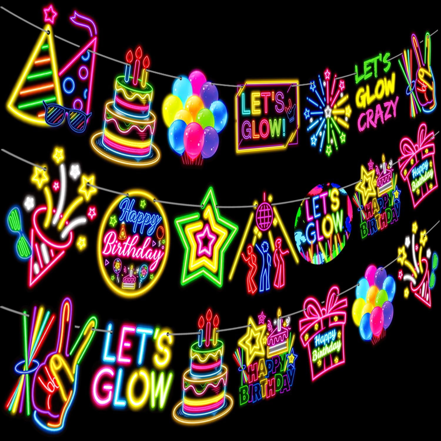 Glow Party Banner Neon Birthday Party Decorations 3Pcs Glow Party ...