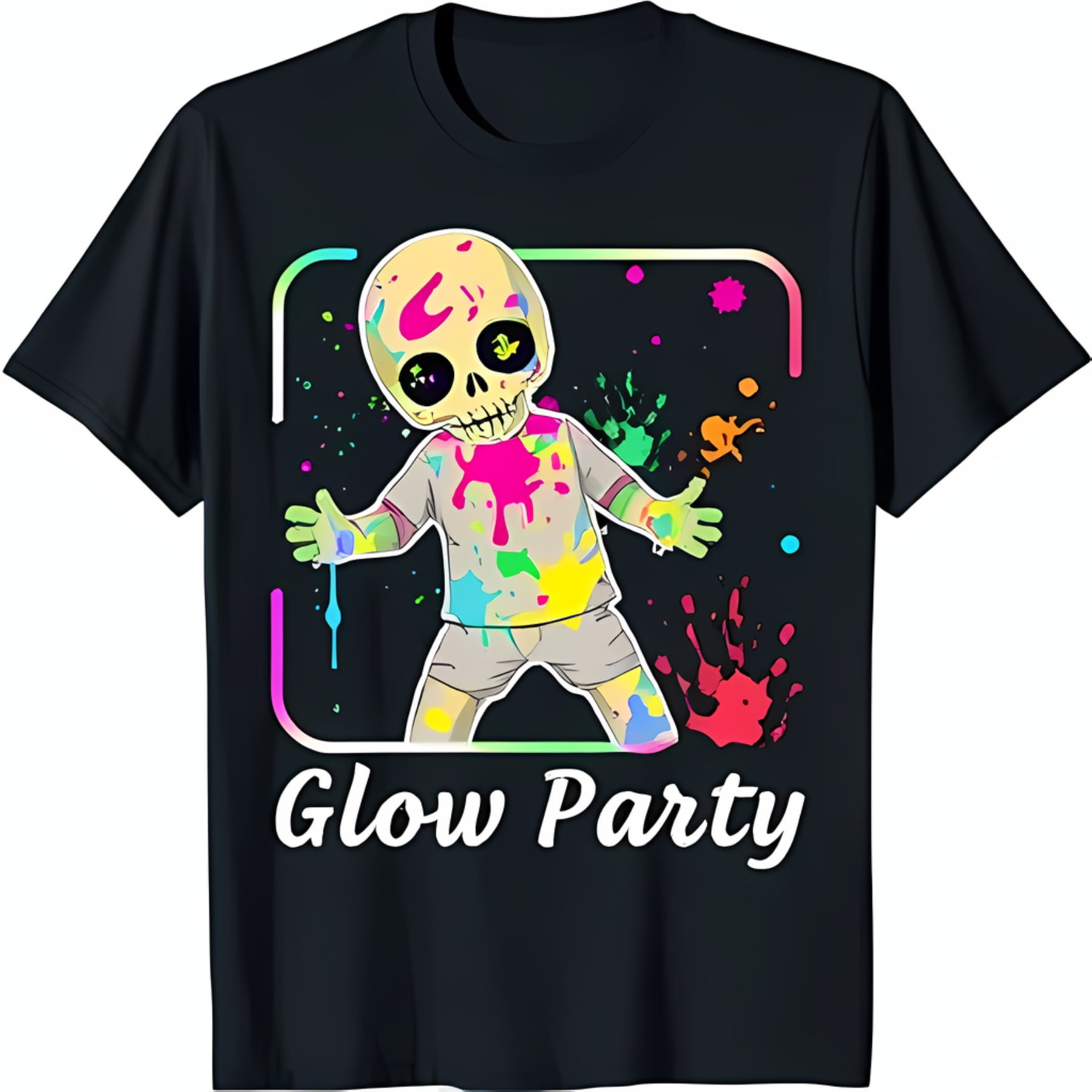 Glow Party Black T-Shirt with Cartoon & Glow in the Dark Splatter ...