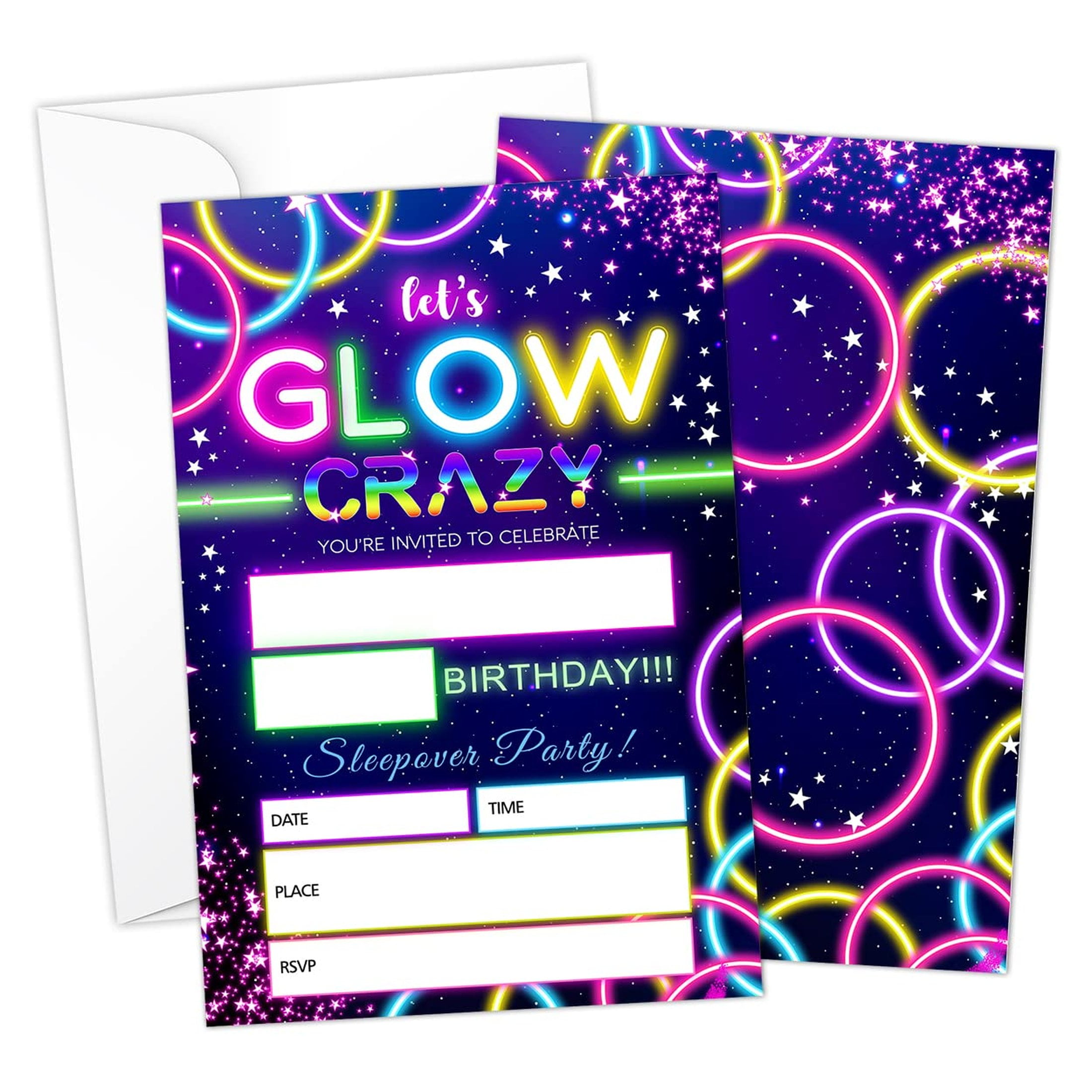 Glow Party Invitation Cards Set - 20 Neon Filler Cards with Envelopes ...