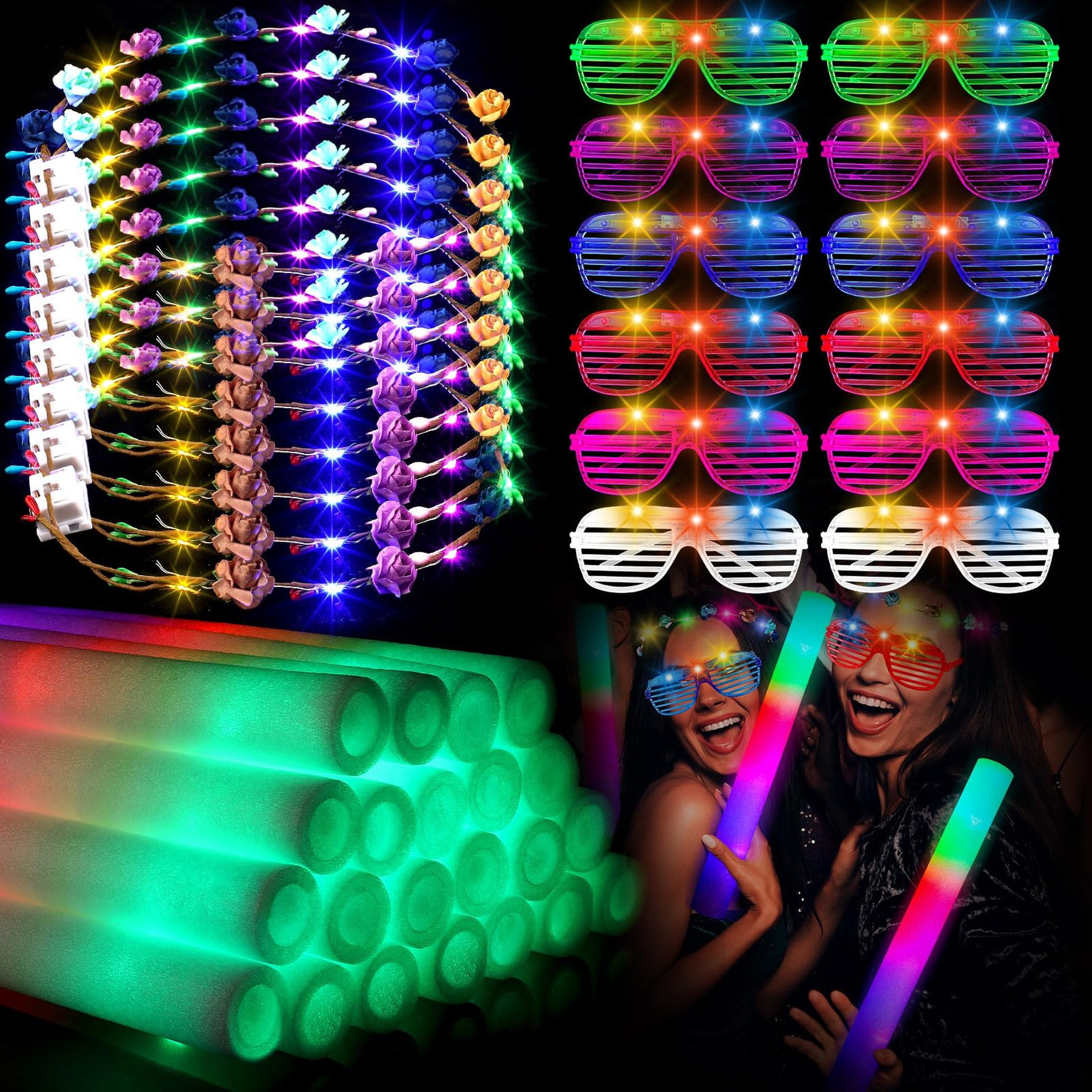 Glow Party Pack - LED Light Toys & Flower Crowns Set for Adults & Kids ...