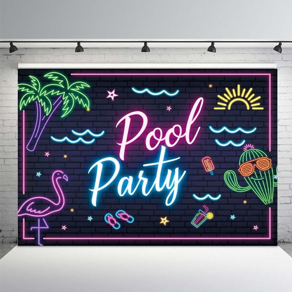 Glow Pool Party Backdrop Neon Themed Birthday Pool Party Decorations ...