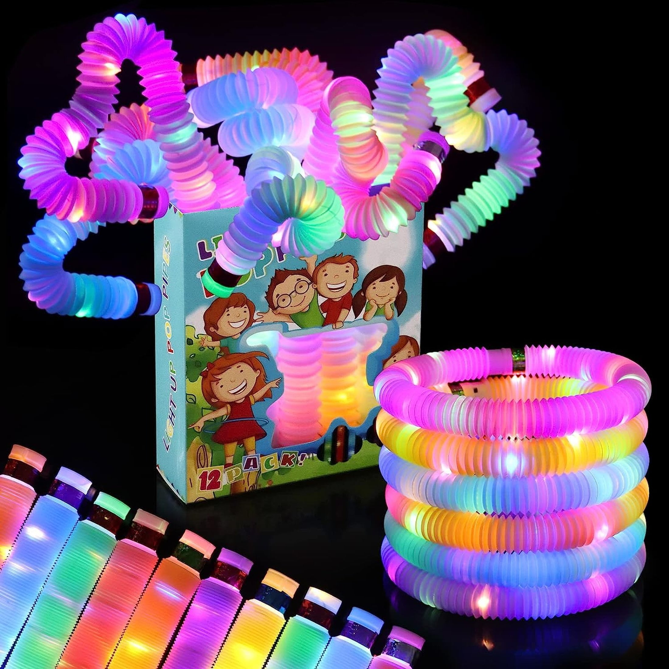 Glow Pop Fidget Tubes - 12 Pack Sensory Party Favors for Kids! Large ...