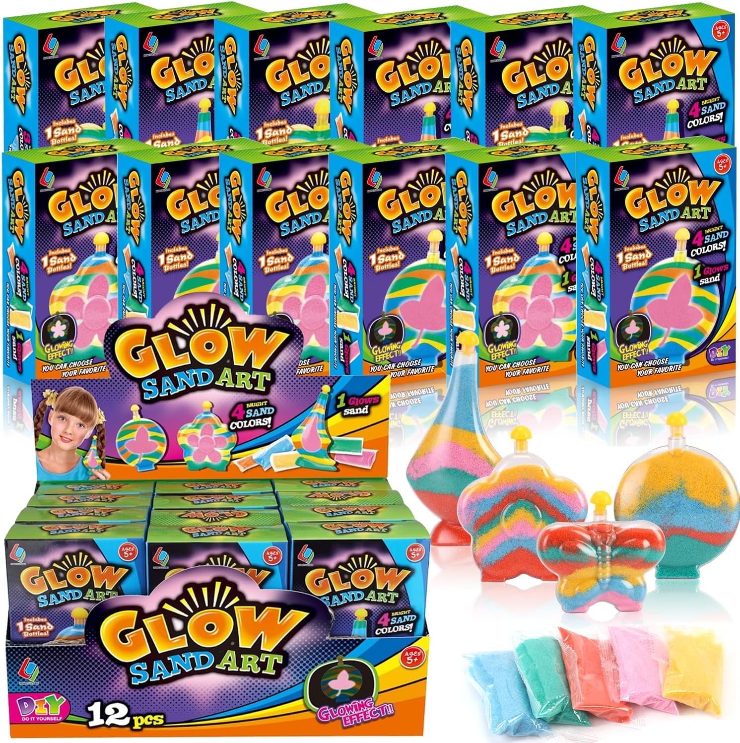 Glow Sand Art Kit for Kids, 12 Pack with 60 Bags of Sand, DIY Craft ...