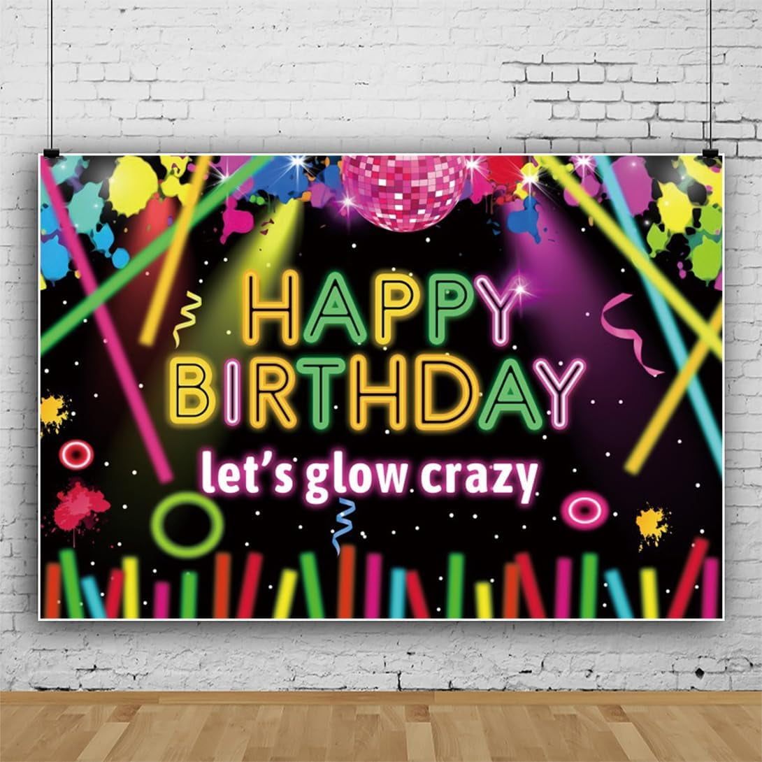 Glow in The Dark Birthday Party Backdrop Let's Glow Crazy Party Banner ...