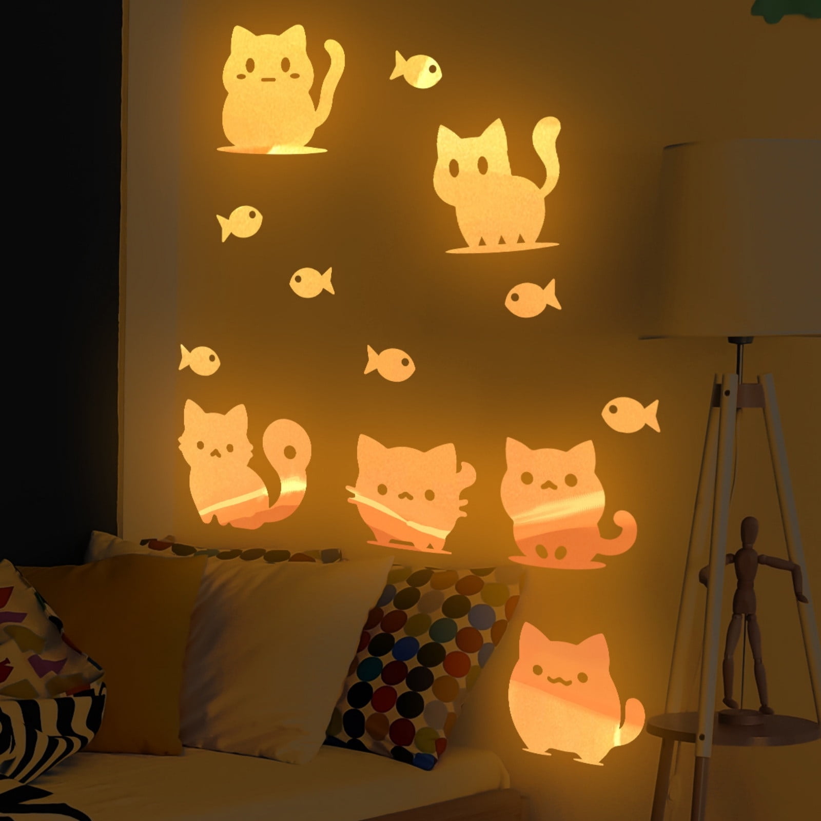 Glow in The Dark Cute Cat Wall Decals,Glowing Luminous Cat Wall ...