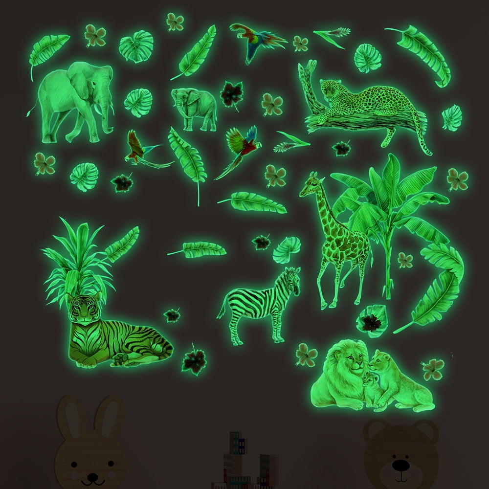 Glow in The Dark Jungle Animals Wall Decals,Glowing Luminous Safari ...