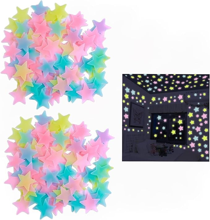 Glow in The Dark Stars Stickers for Ceiling, Adhesive 200pcs 3D Glowing ...