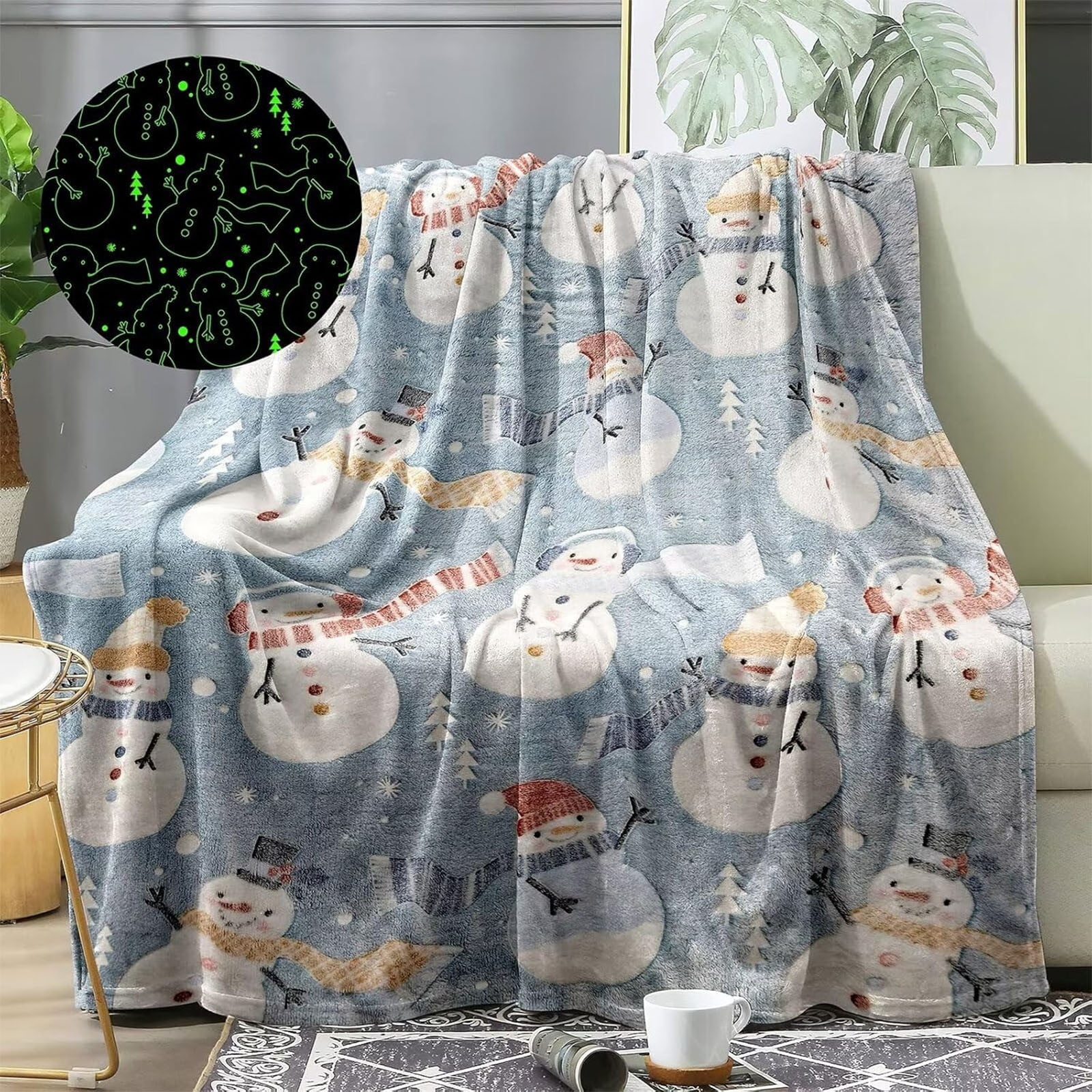 Glow in Dark Christmas Blanket Snowman Elk Pattern Holiday Themed Soft ...