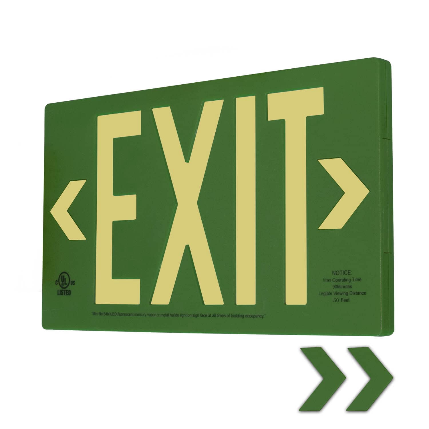 Glow in Dark Exit Sign, Green Housing, 50' Visibility, Ceiling/Side ...