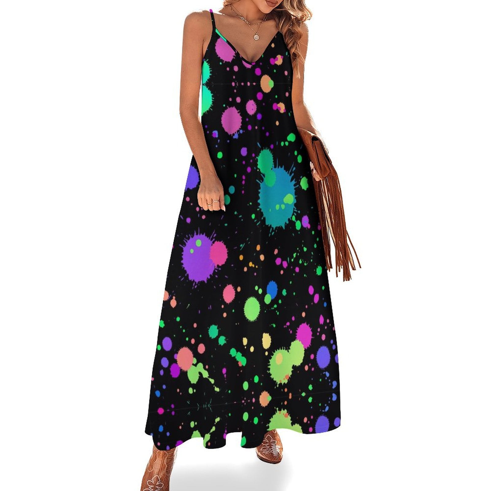 Glow in Dark Splatter Neon Rainbow PatternSummer Sleeveless V Neck ...