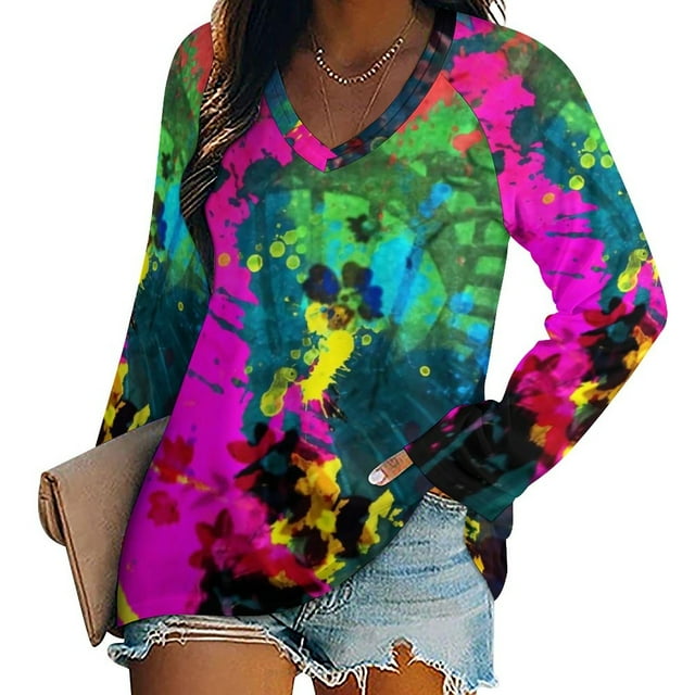 Glow in Dark Splatter Neon T Shirts for Women Long Sleeve Shirts V Neck ...