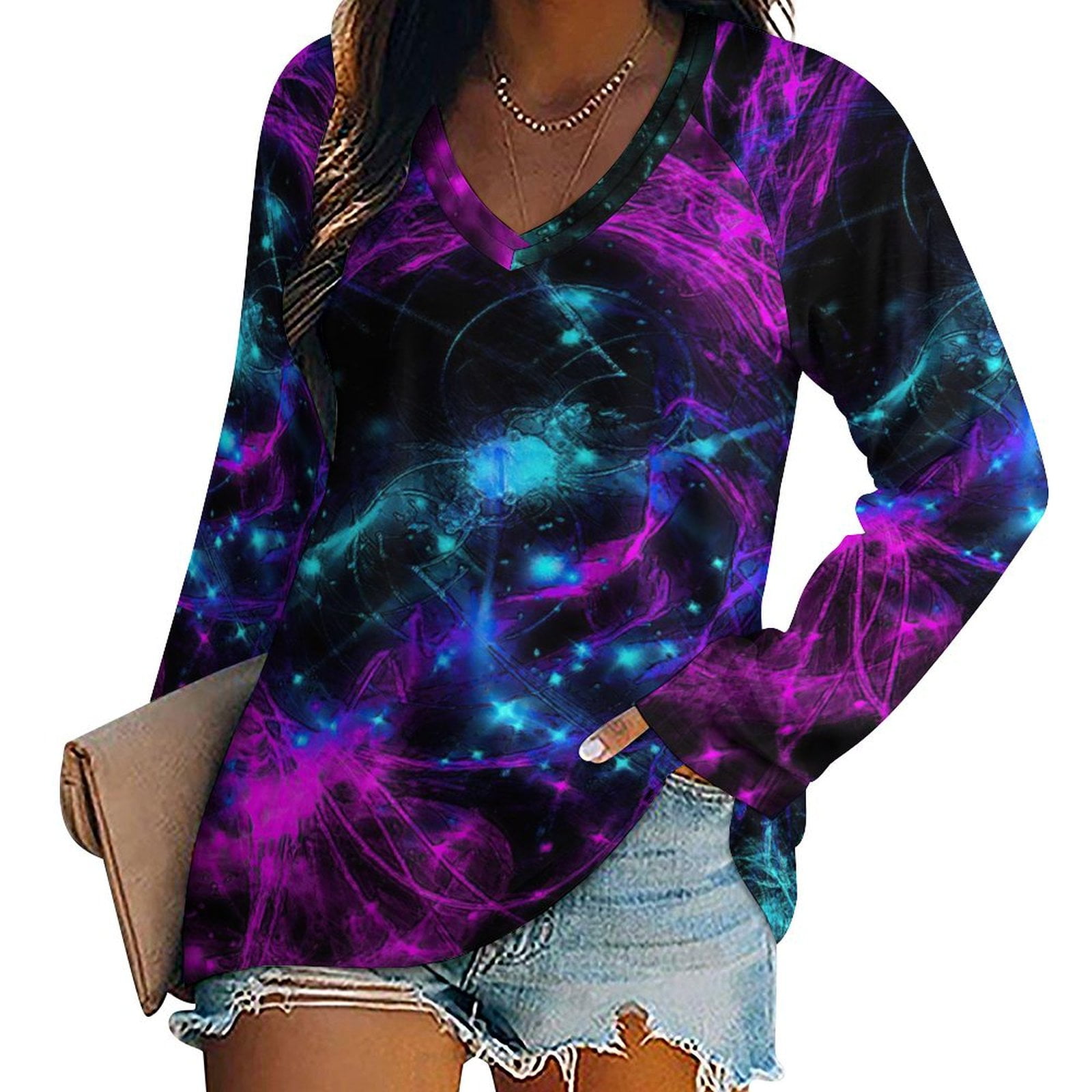 Glow in Dark Splatter Neon Women's Long Sleeve Shirts Casual V Neck Tops for Women Fall Outfits ...
