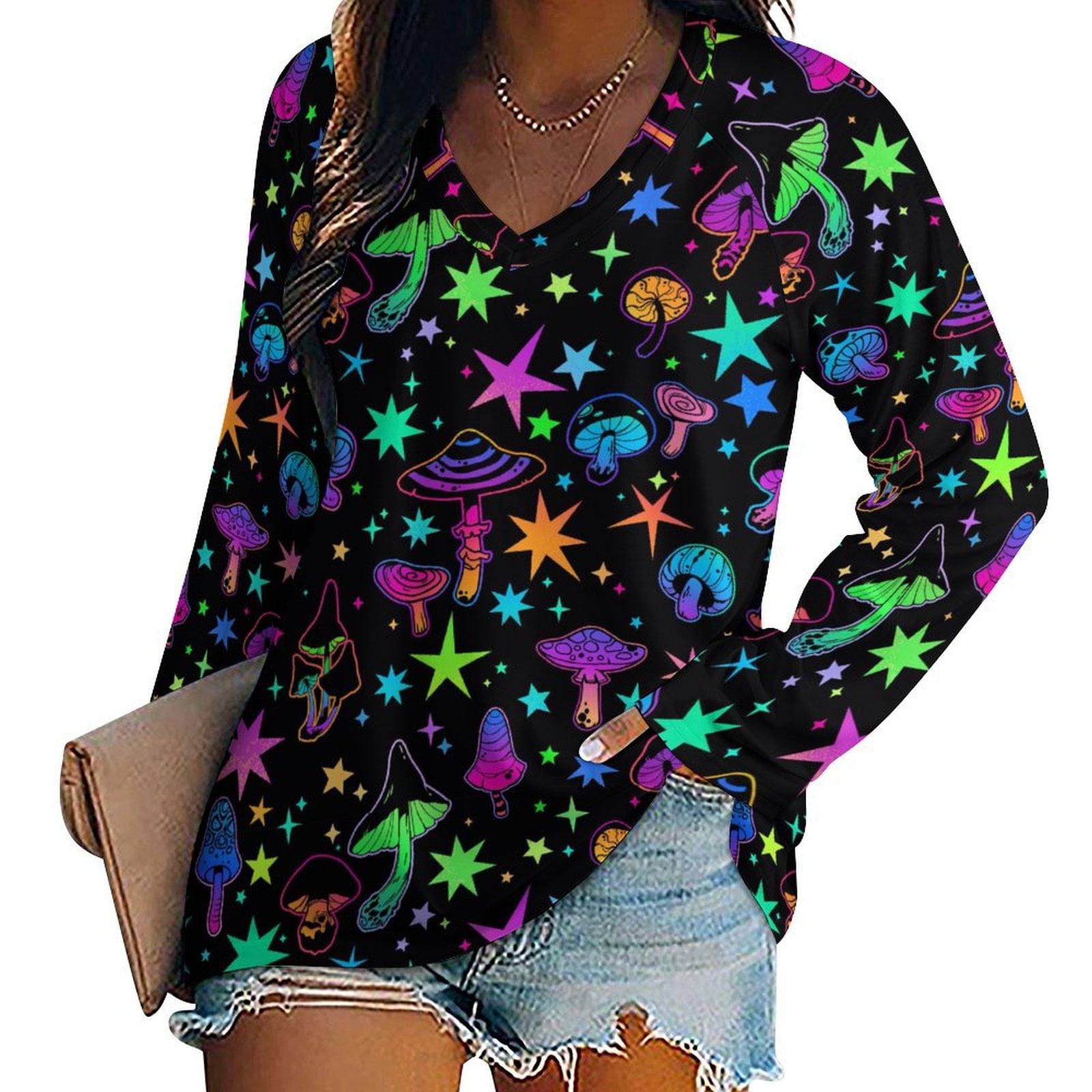 Glow in Dark Splatter Neon Women's Long Sleeve Shirts Casual V Neck ...