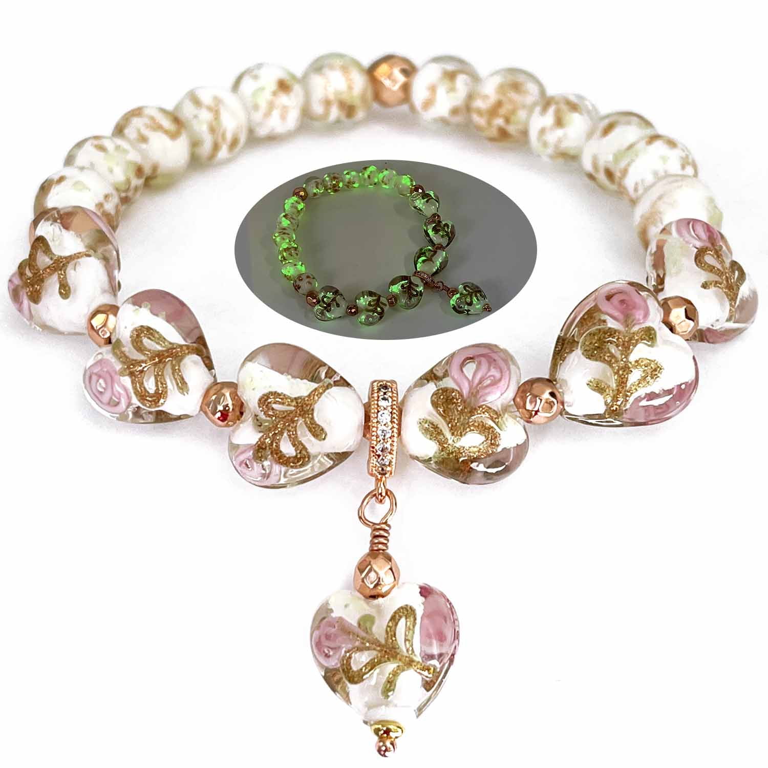 Glow in The Dark Firefly Beads Bracelet, Handmade in USA, Heart Shaped ...