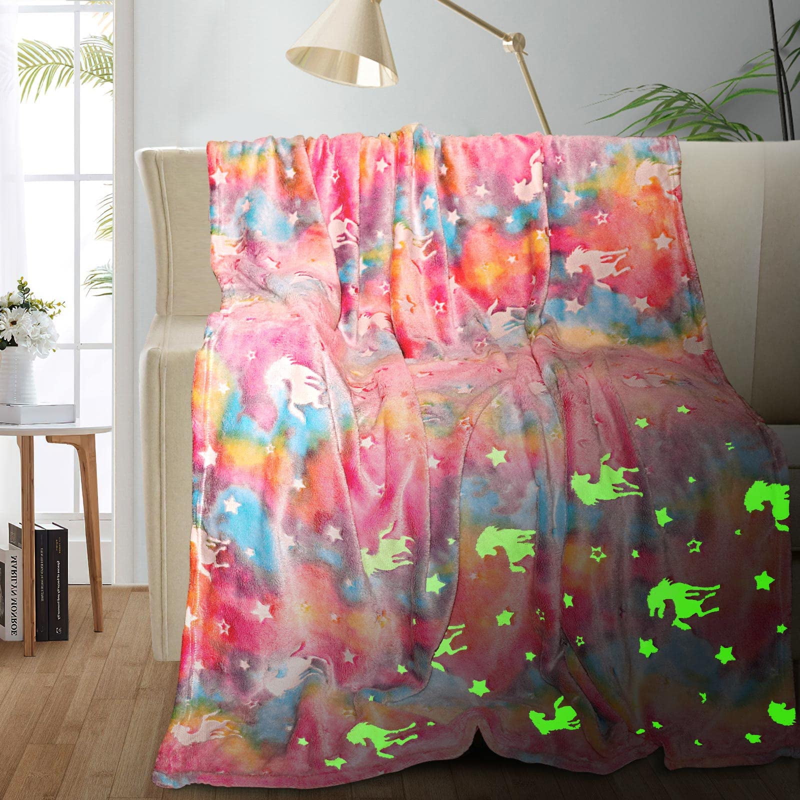 Glow in The Dark Pink Unicorn Throw Blanket for Kids - Cute Horses ...