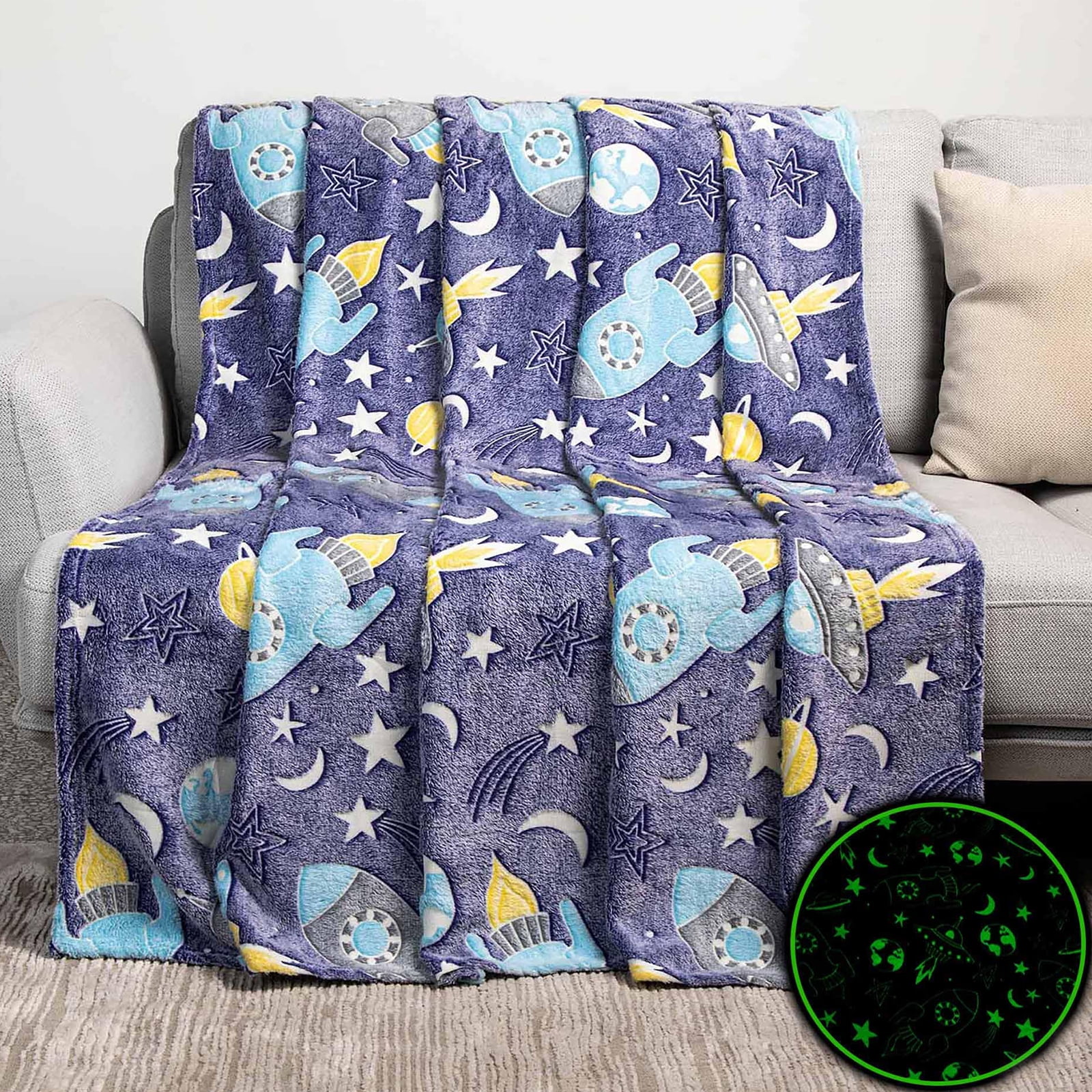 Glow in The Dark Rocket Throw Blanket for Kids - Navy Rocket Flannel ...