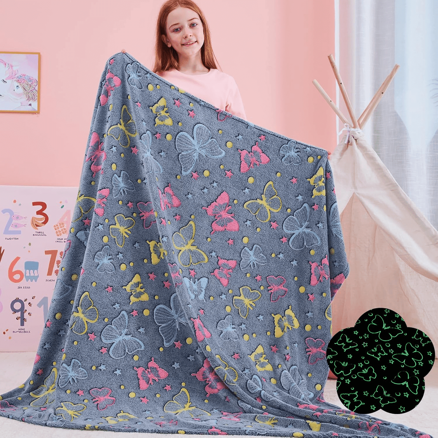 Glow in The Dark Throw Blanket 50" x 60"， Butterfly Luminous Plush ...