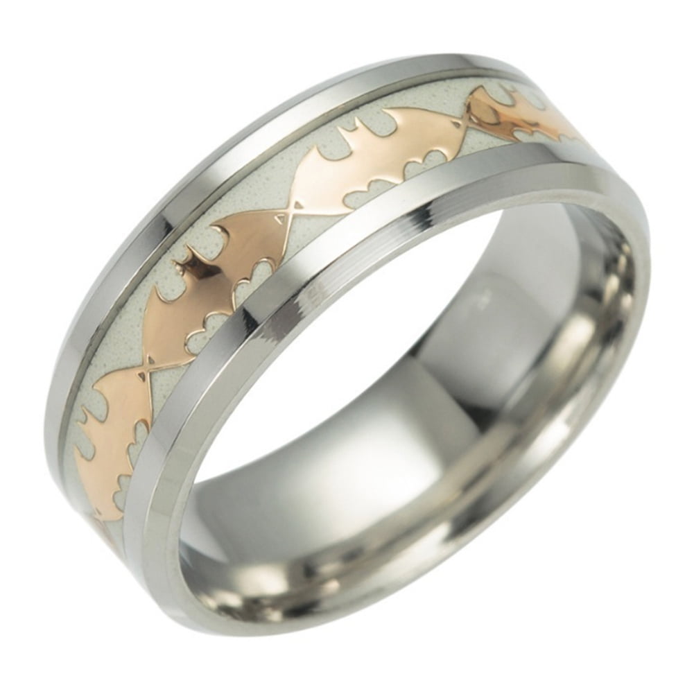 Glow in the Dark Bats Steel Wedding Band Ring Men Women Ginger Lyne ...