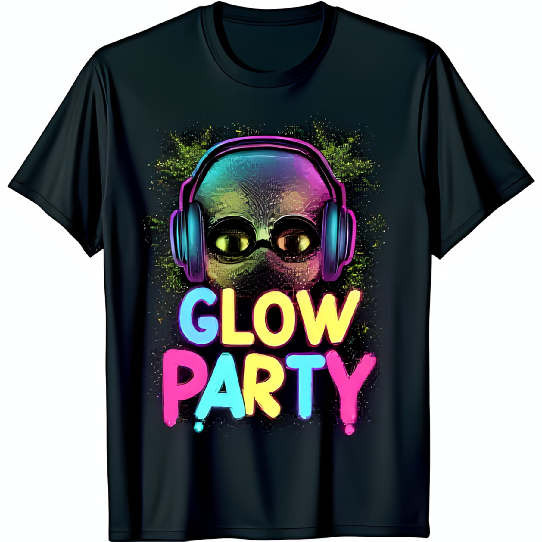 Glow in the Dark Black T-Shirt with Cartoon & Glow Party Design ...