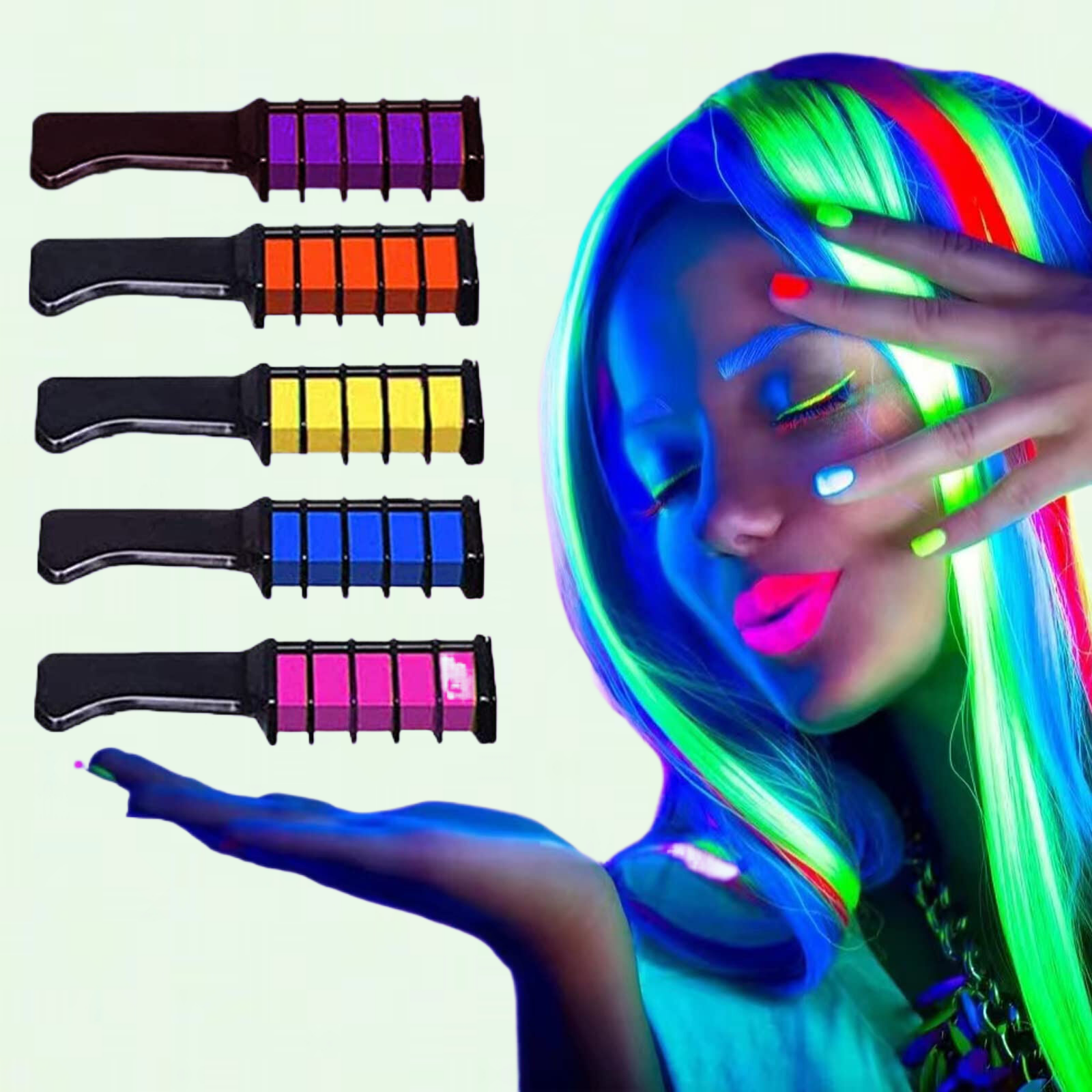 Glow in the Dark Hair Chalk Comb Set, UV and Black Light Reactive Hair ...