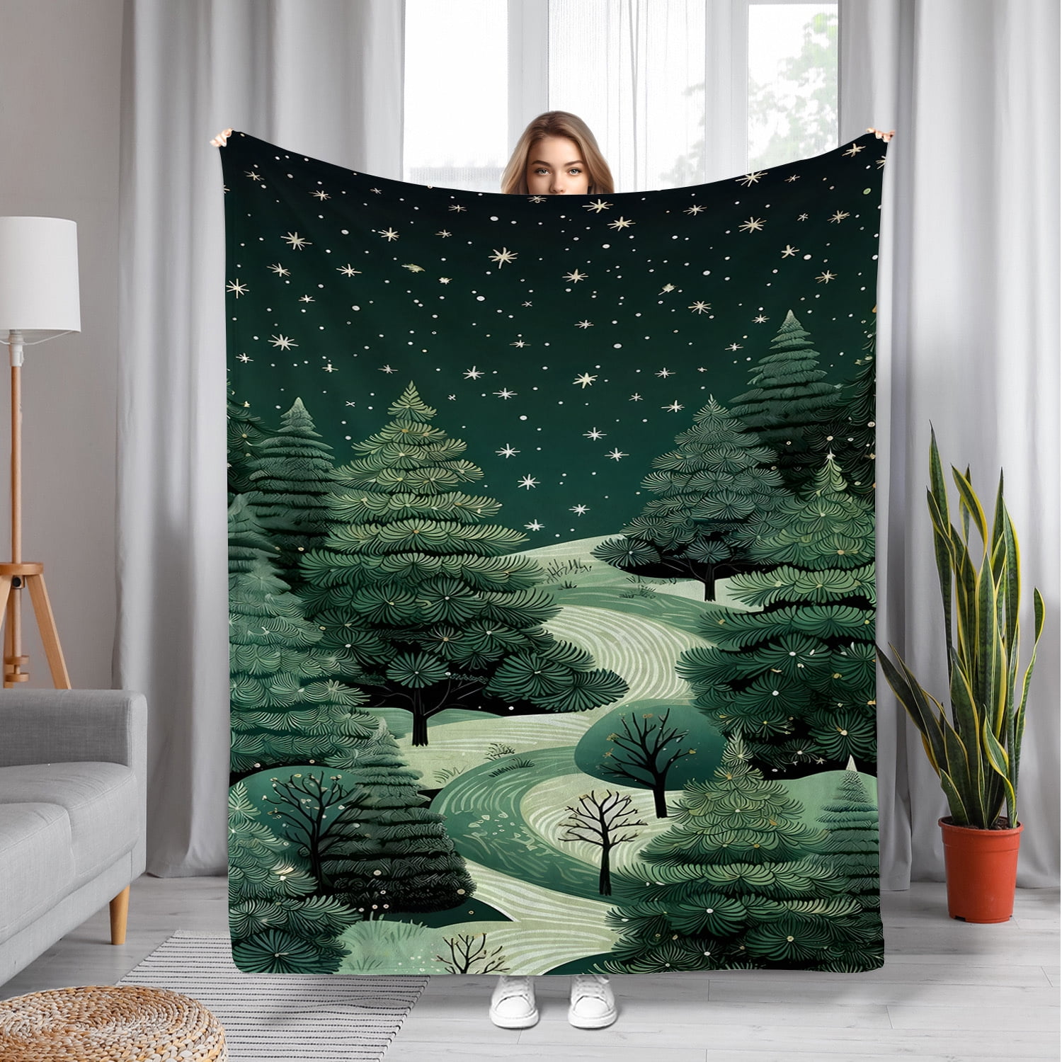 Glow-in-the-Dark Pine Tree Print Flannel Throw Blanket Soft Lightweight ...