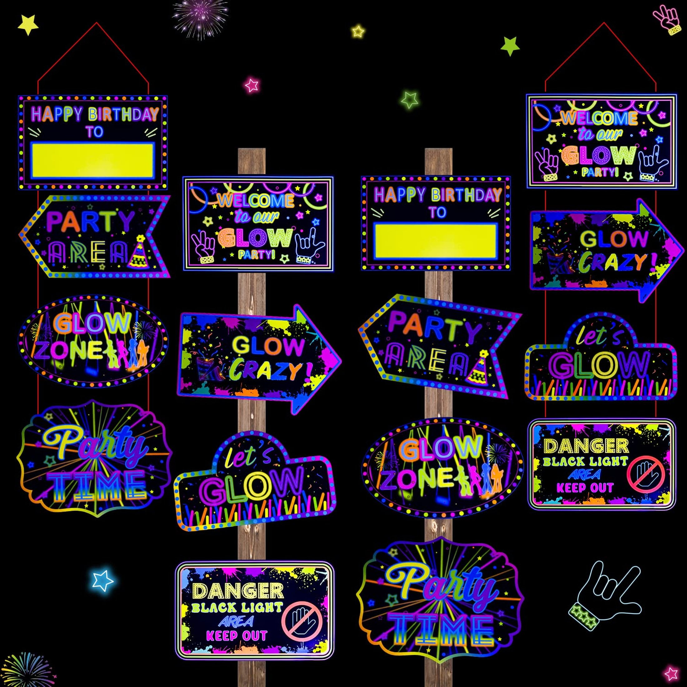 GlowParty Neon Signs Set - 16pc Glow in The Dark Birthday Banner, Door ...