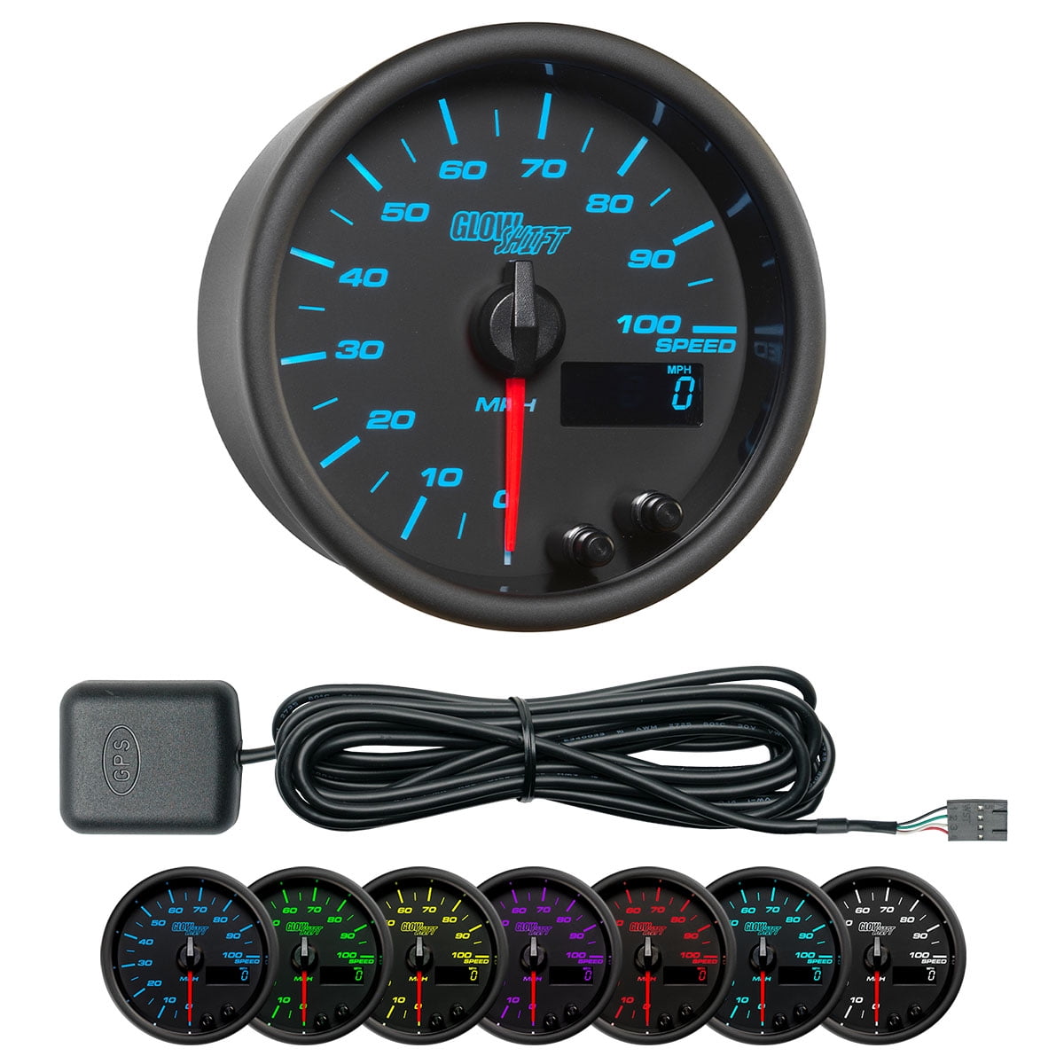 GlowShift | Black 7 Color Series 3-3/8" (85mm) 100 MPH GPS Speedometer ...