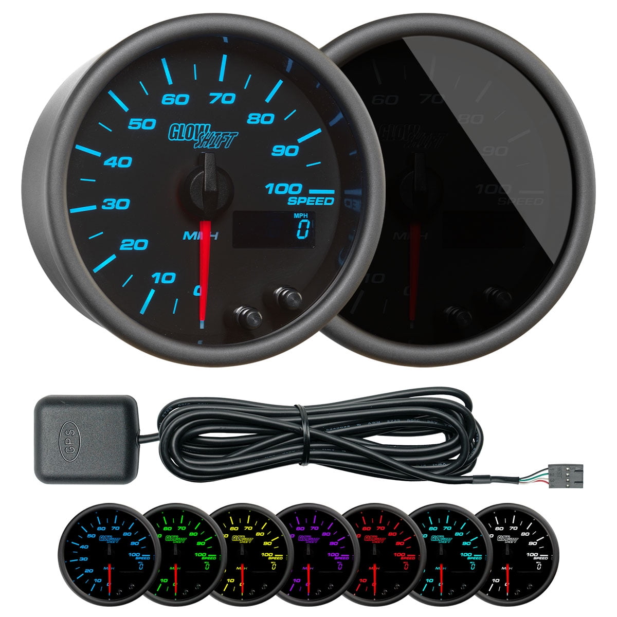 GlowShift | Tinted 7 Color Series 3-3/8" (85mm) 100 MPH GPS Speedometer ...