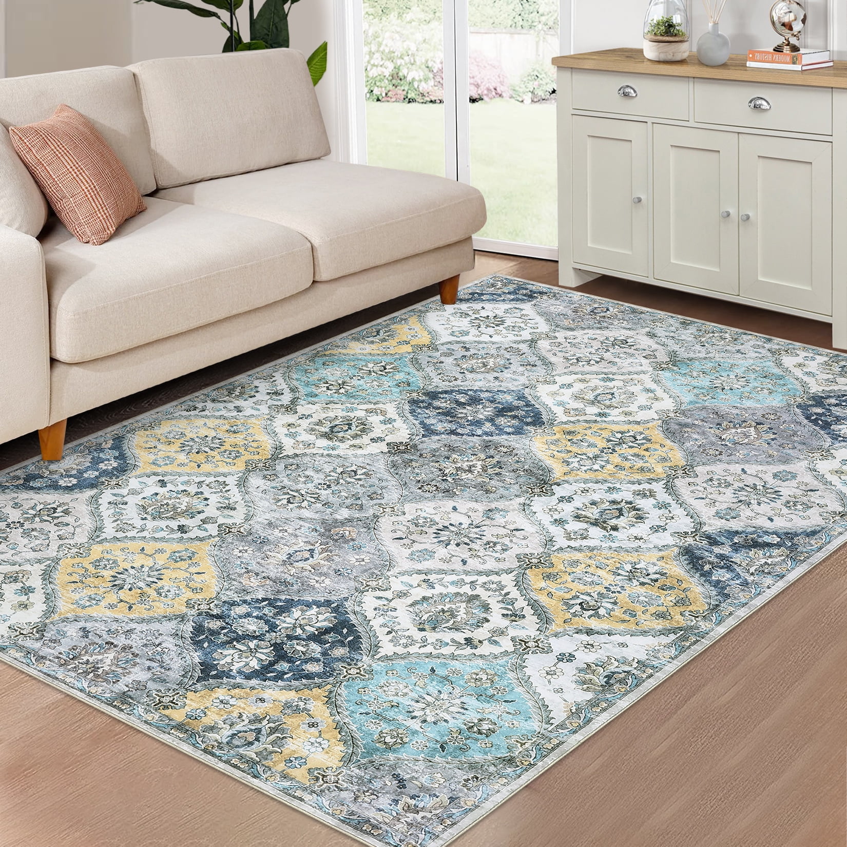 GlowSol 10'x13' Area Rug Large Machine Washable Rug Vintage Medallion ...