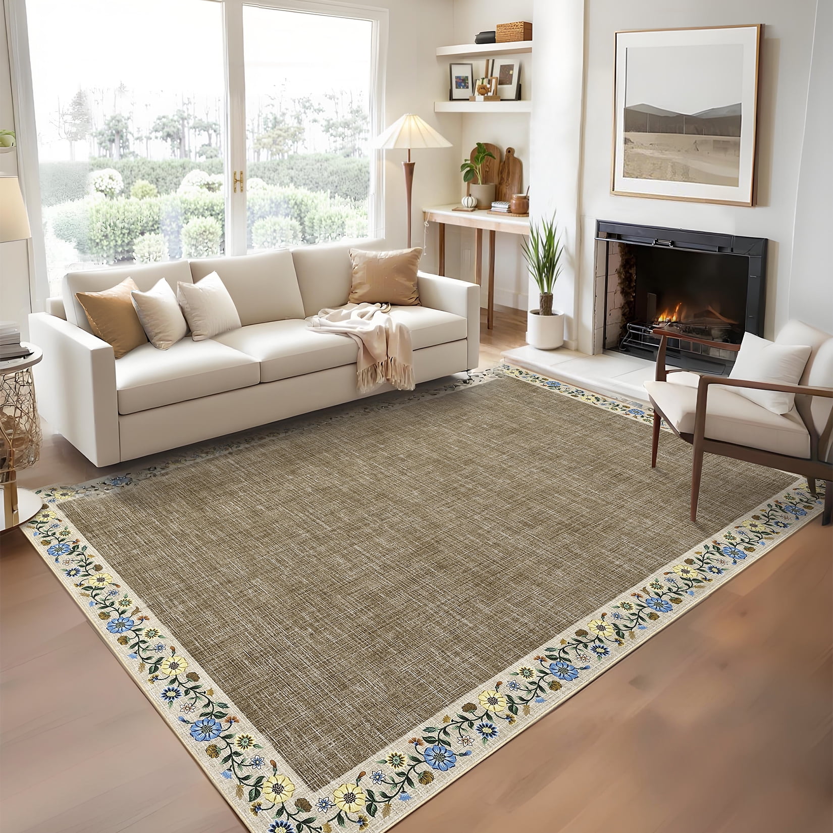 GlowSol 10'x13' Area Rugs Modern Floral Bordered Rug Non-Slip Low Pile ...